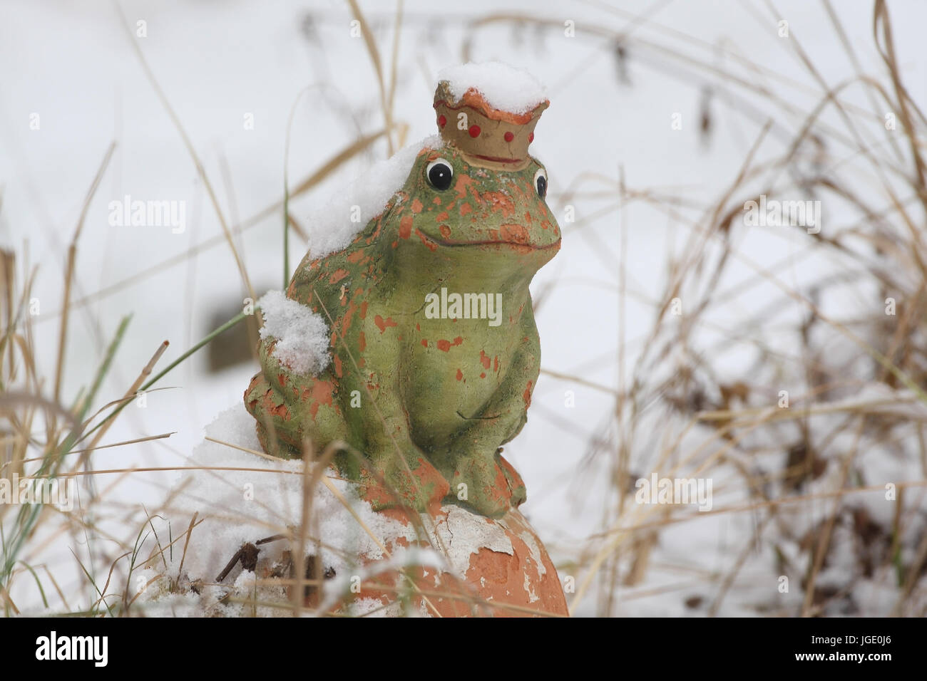 Frog's prince figure in winter, Froschkoenig-Figur im Winter Stock ...