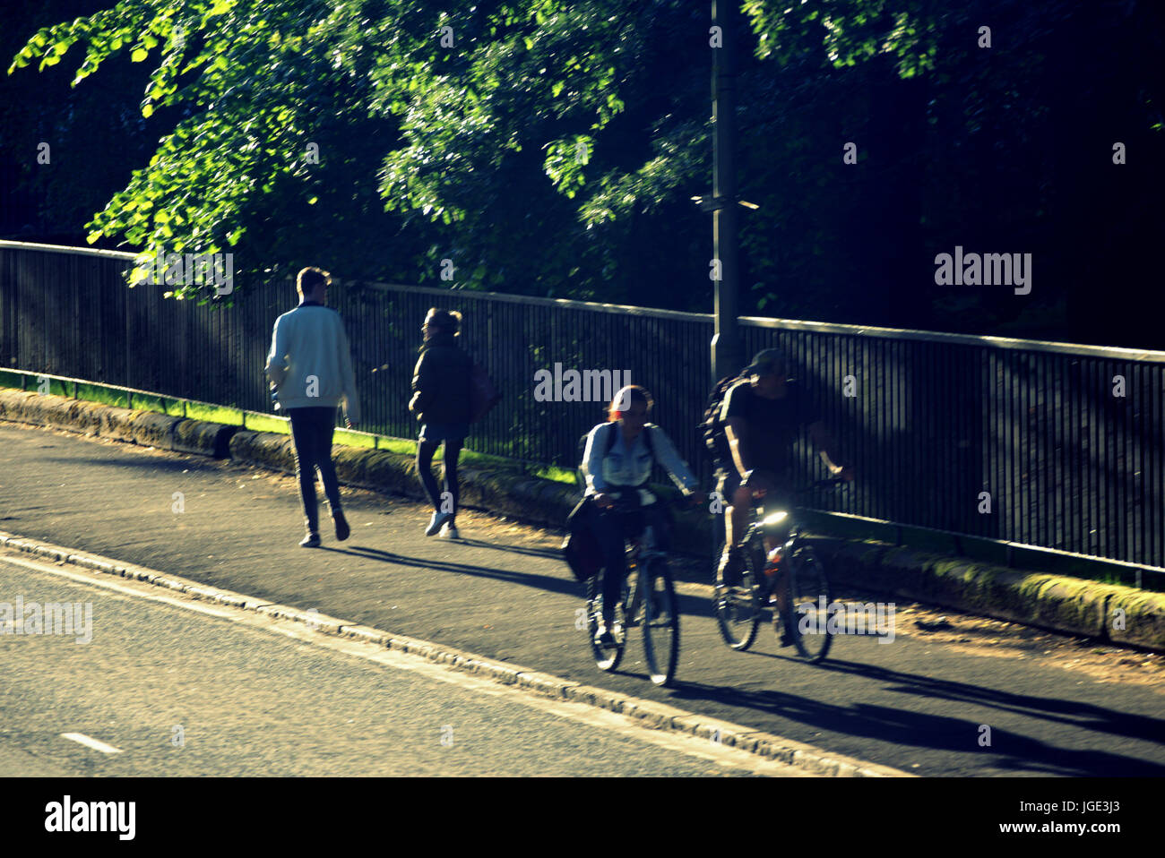 cyclists riding on pavement sidewalk Glasgow street scene back lit ...