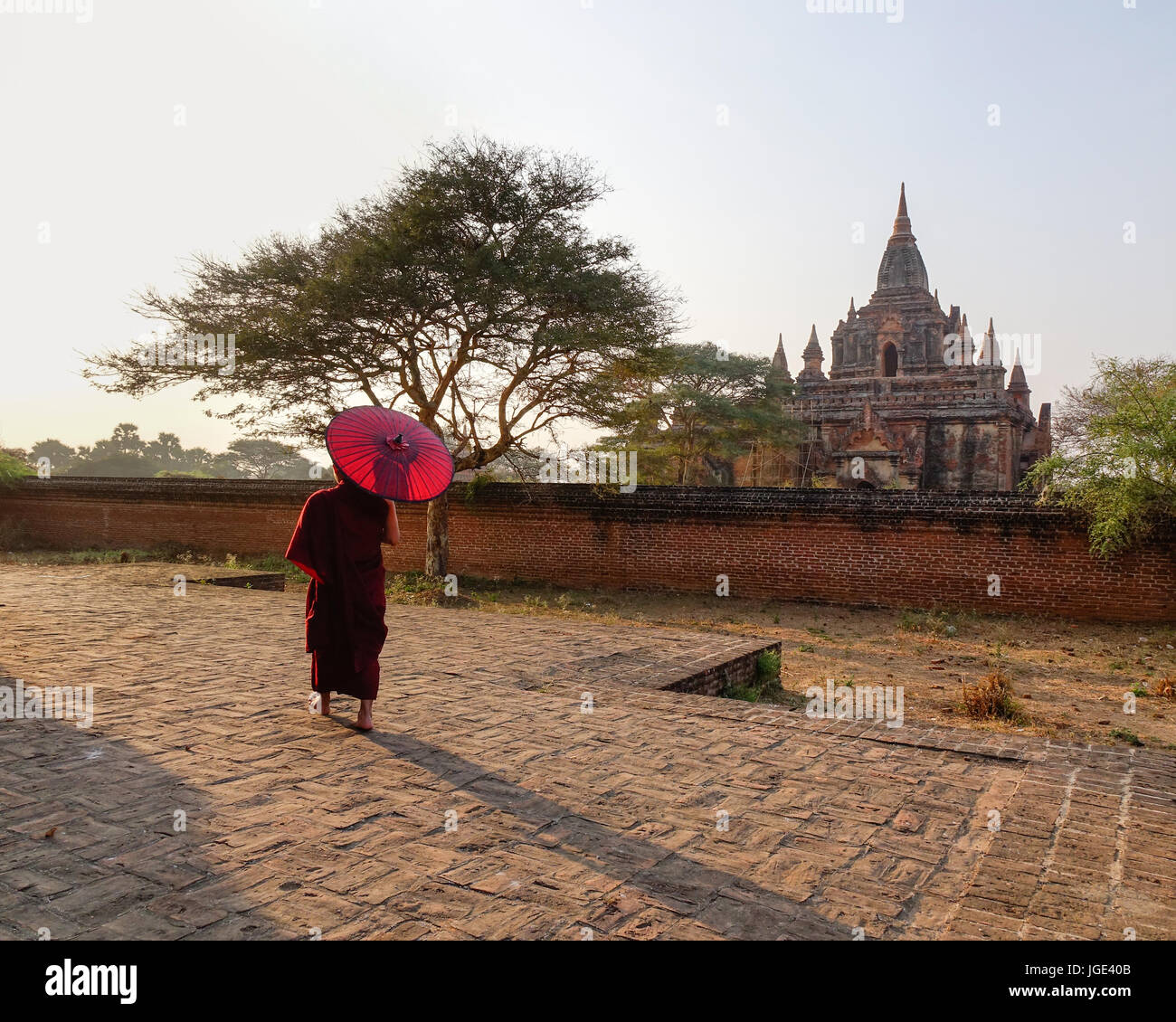 A Buddhist monk in the red robe with umbrella at the acient pagoda in ...