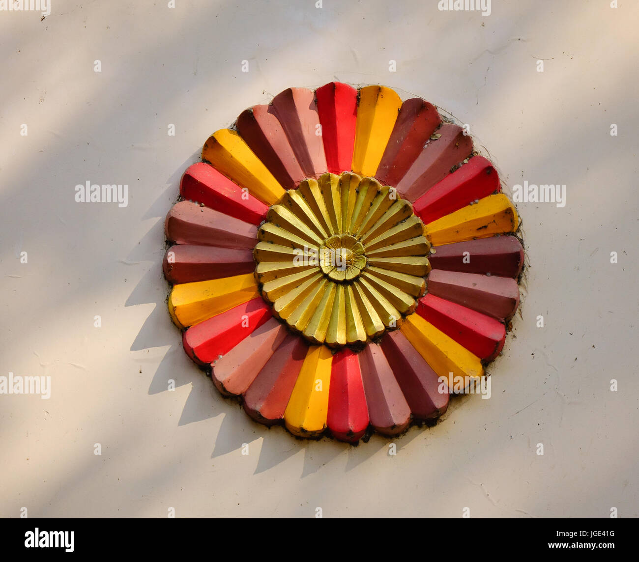 Dharma Wheel Buddhist symbol in old door of local temple in Myanmar ...
