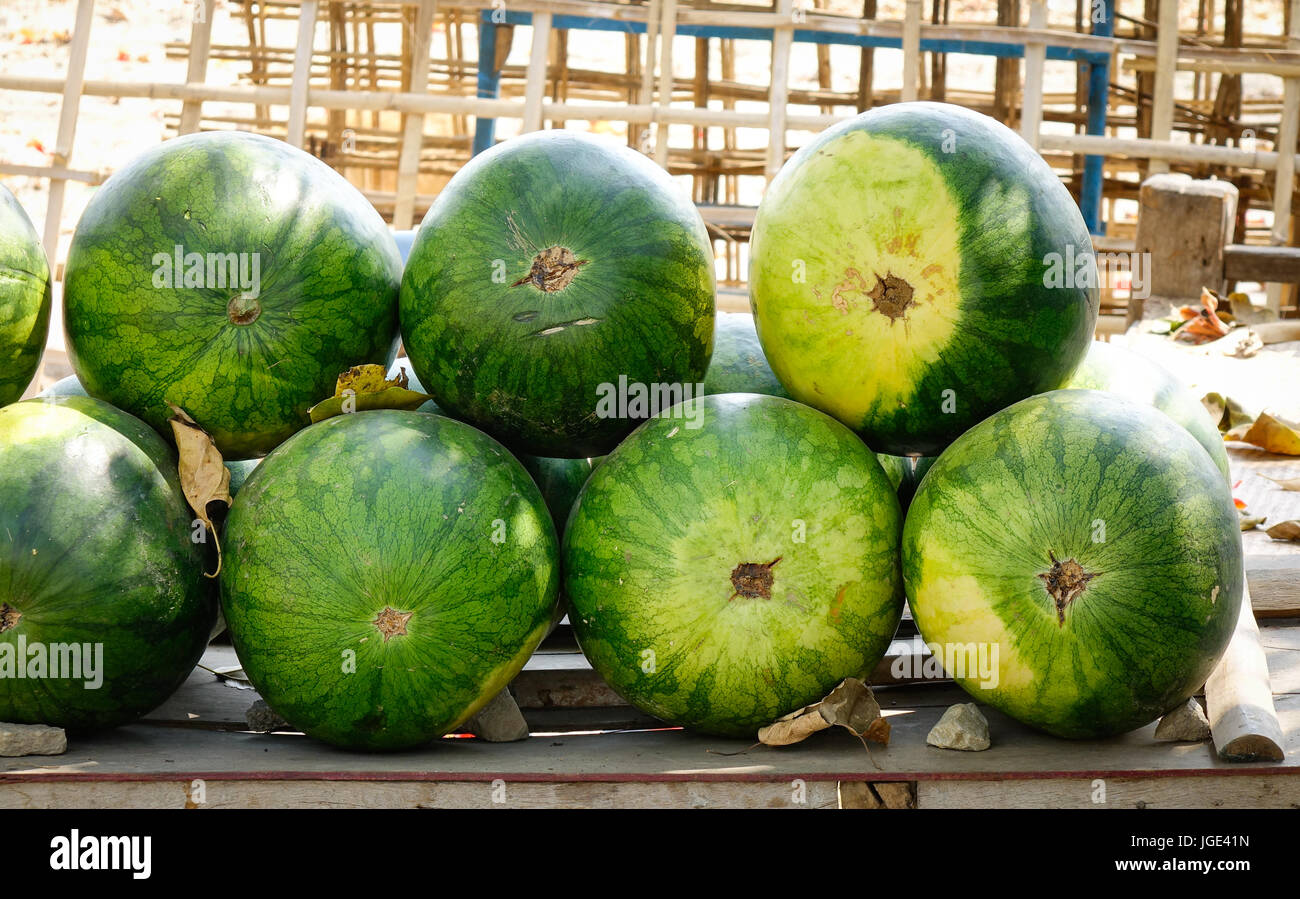 Many big sweet green watermelons at the street market in Asia Stock ...