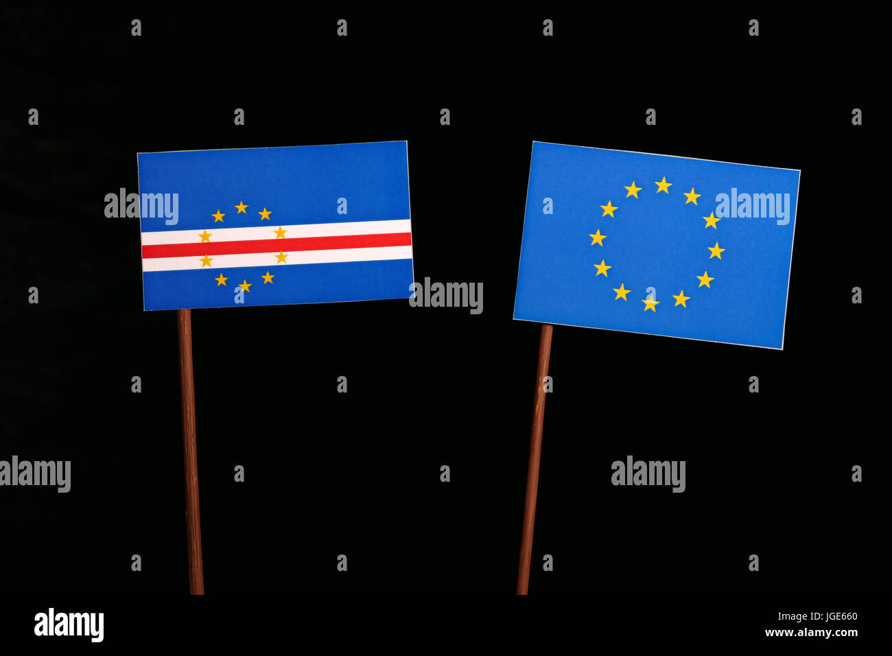 Cape Verde flag with European Union (EU) flag isolated on black ...