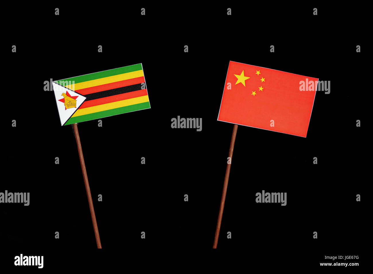 Zimbabwe flag with Chinese flag isolated on black background Stock ...