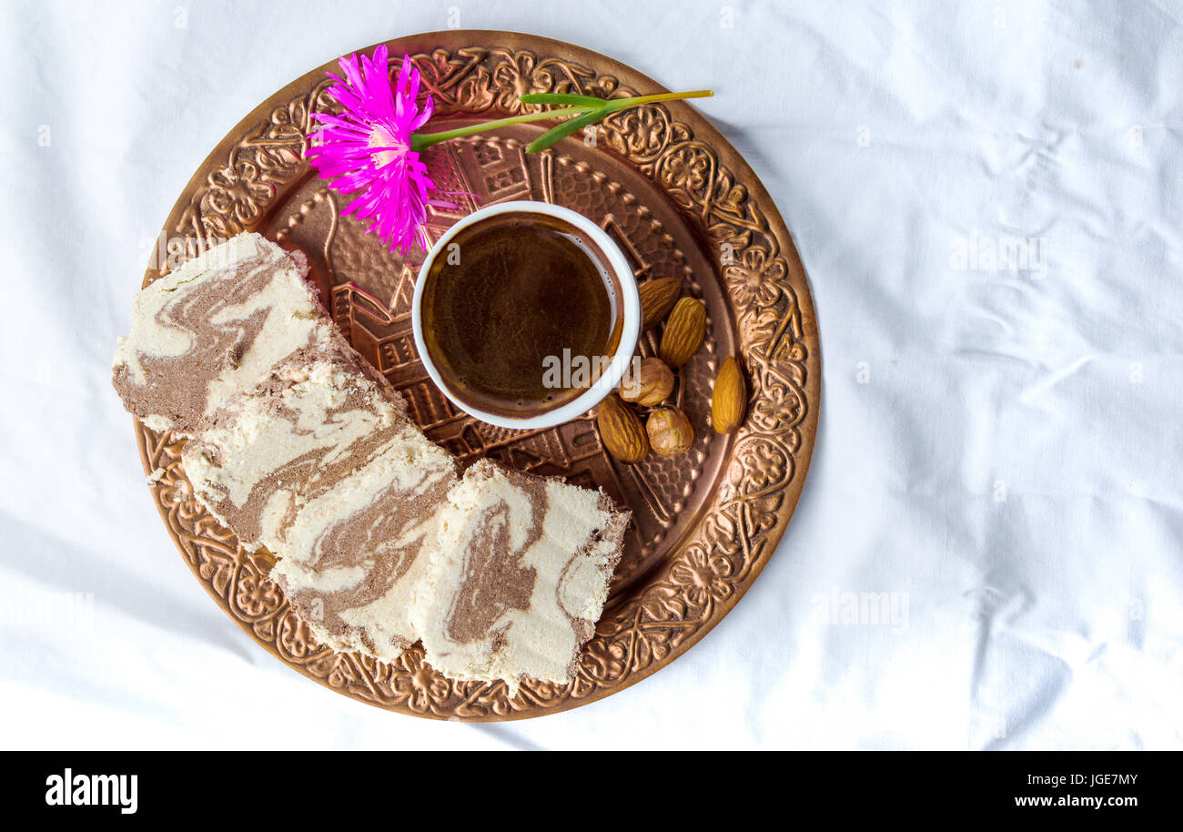 Halva dessert and Turkish coffee on a tray Stock Photo - Alamy