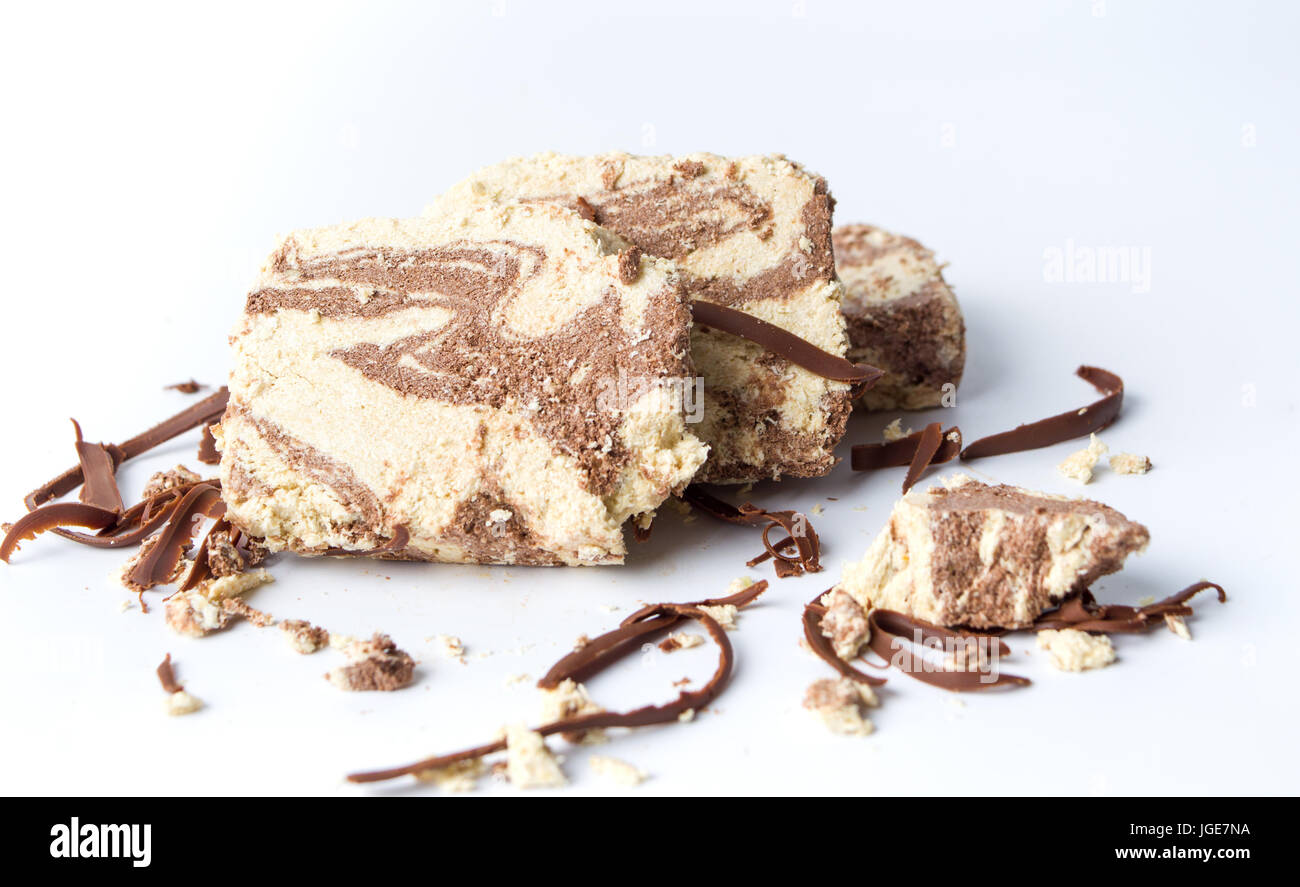 Halva dessert with sesame paste and cacao on white Stock Photo - Alamy