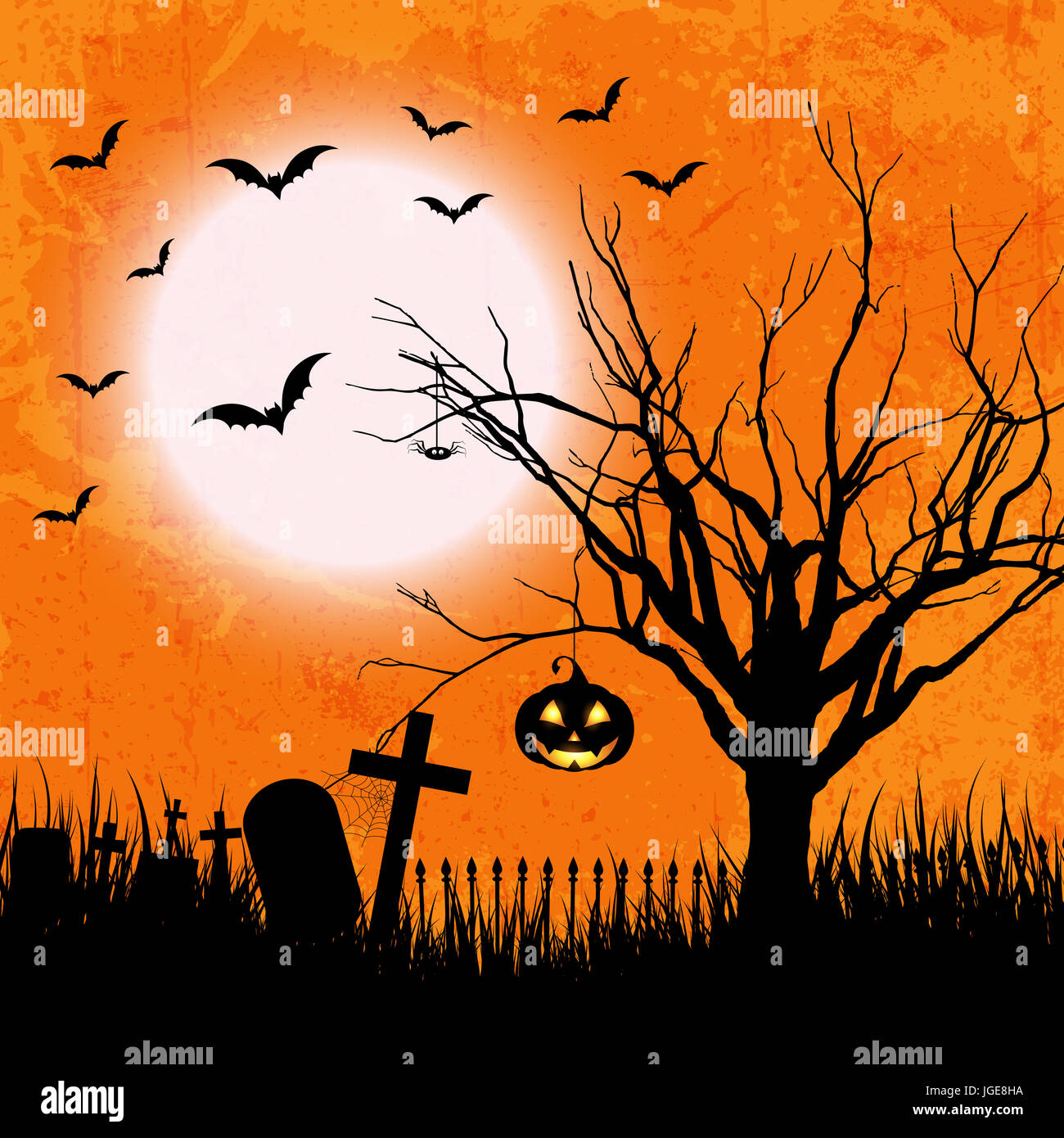 Grunge style Halloween background with bats, jack o lantern and owl ...