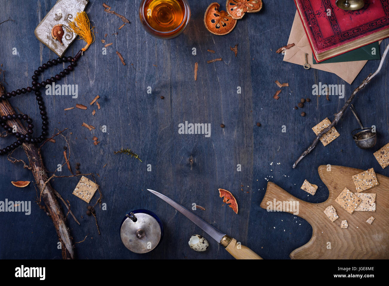 Cooking background with ingredients and cutting board, top view, copy ...