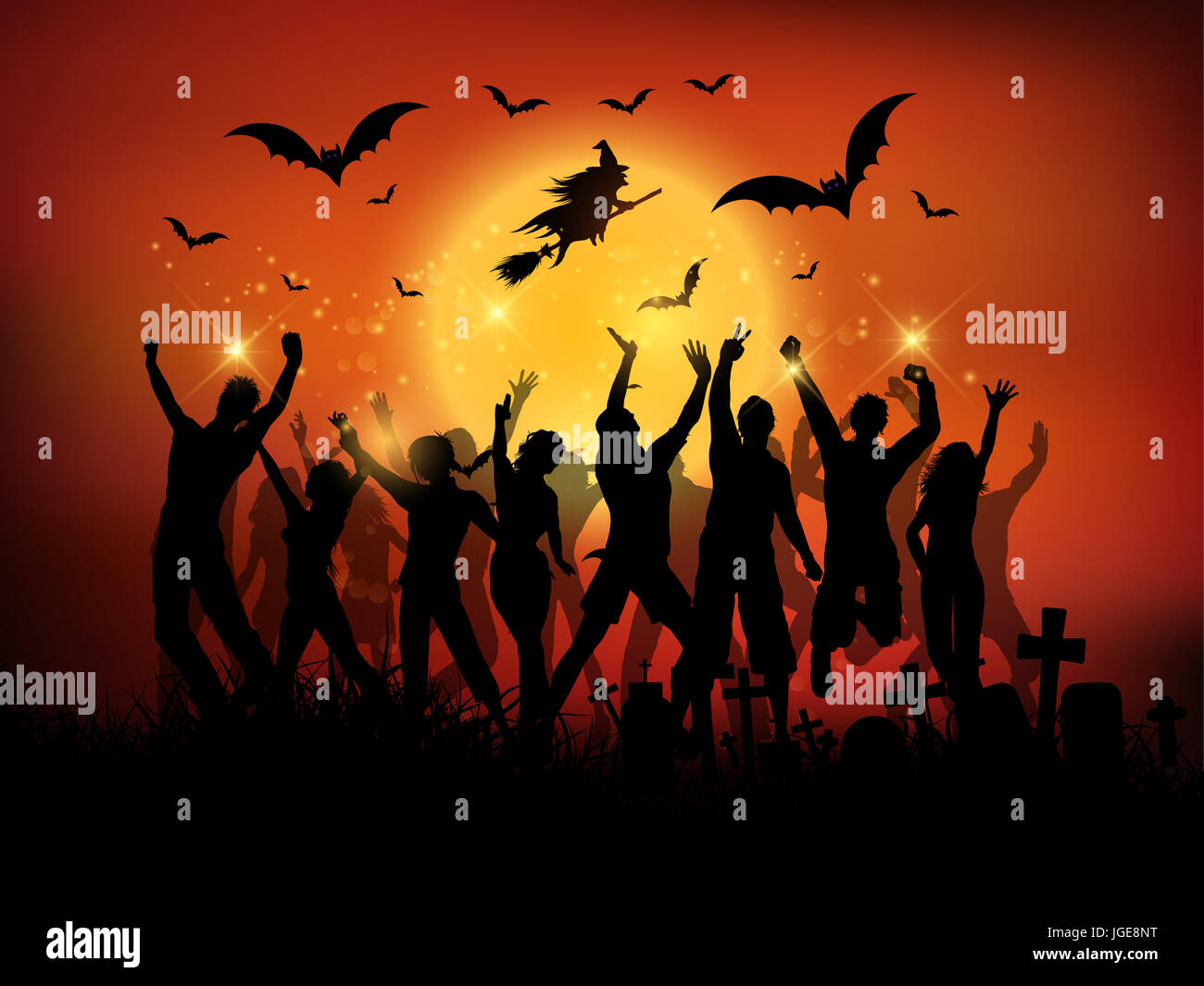 Halloween party landscape with silhouettes of people dancing Stock ...