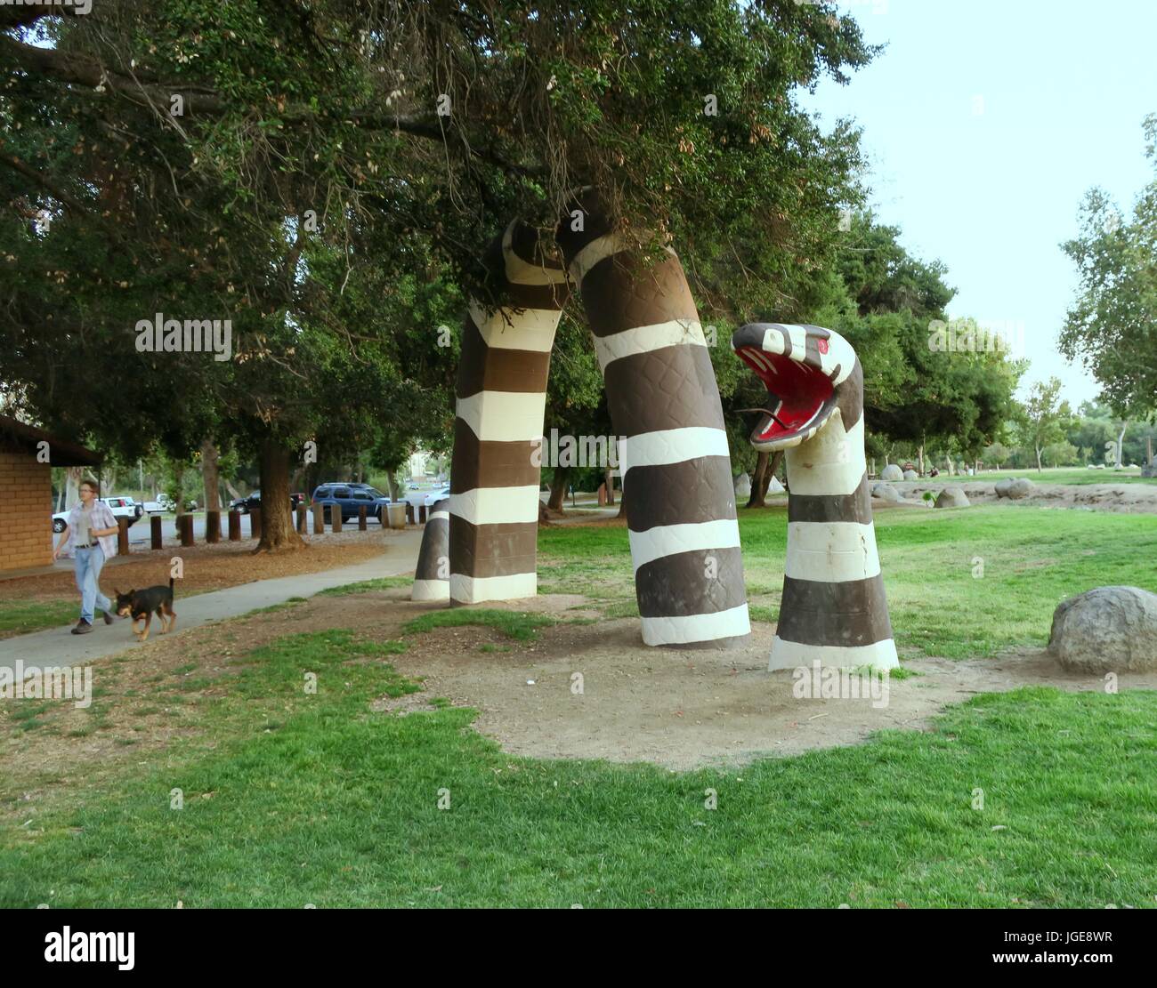 Large black and white striped free-form concrete snake at Kit Carson ...