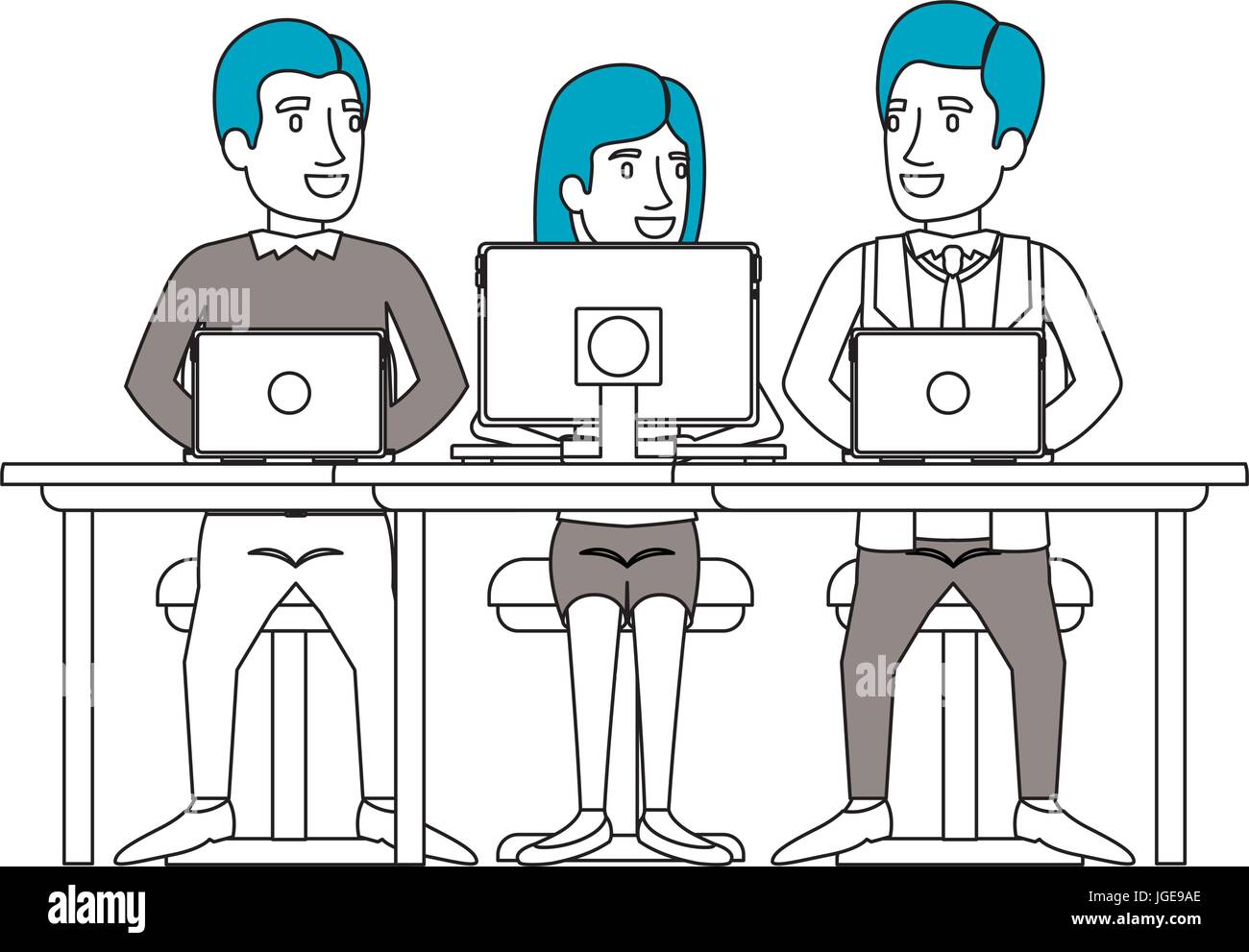 silhouette color sections of teamwork sitting in desk with tech devices ...