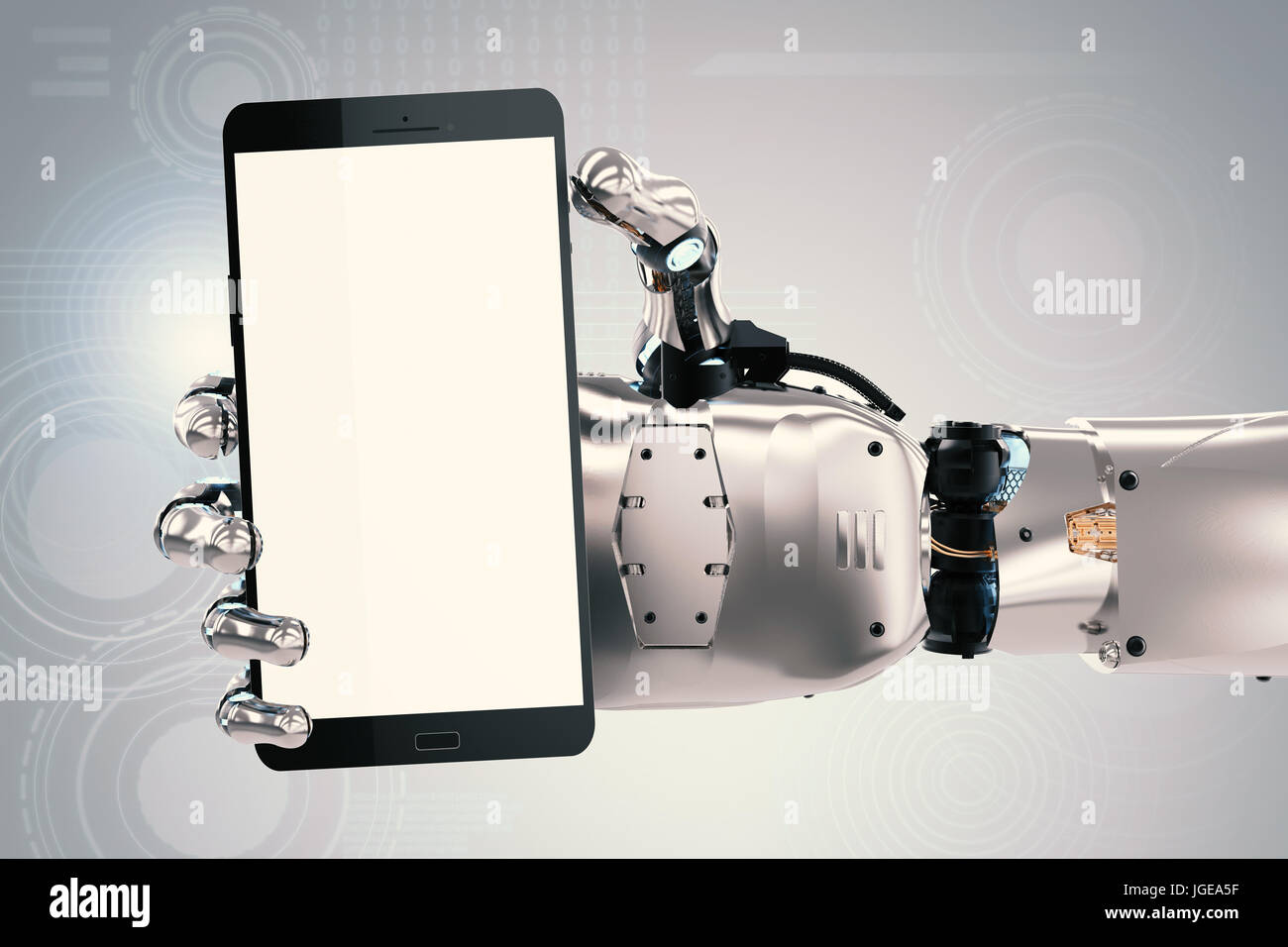 3d rendering robot hand holding blank screen mobile phone isolated on ...