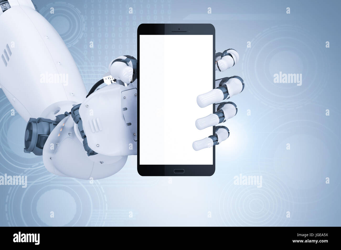 3d rendering robot hand holding blank screen mobile phone isolated on ...