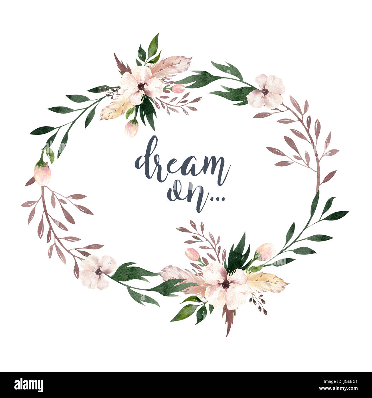 Hand drawing isolated boho watercolor floral illustration with leaves ...