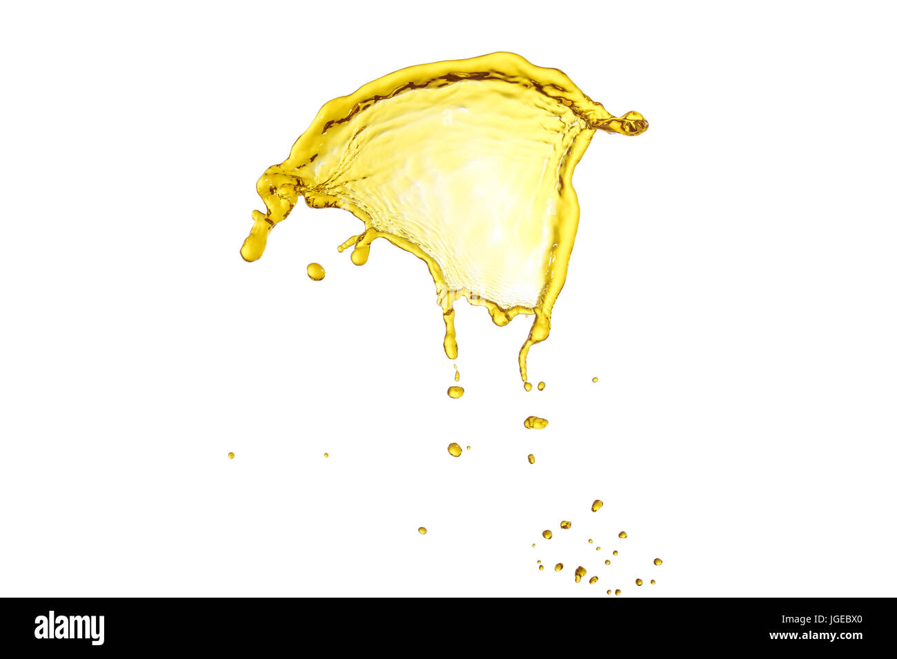 beautiful yellow liquid splash isolated over white background and many ...