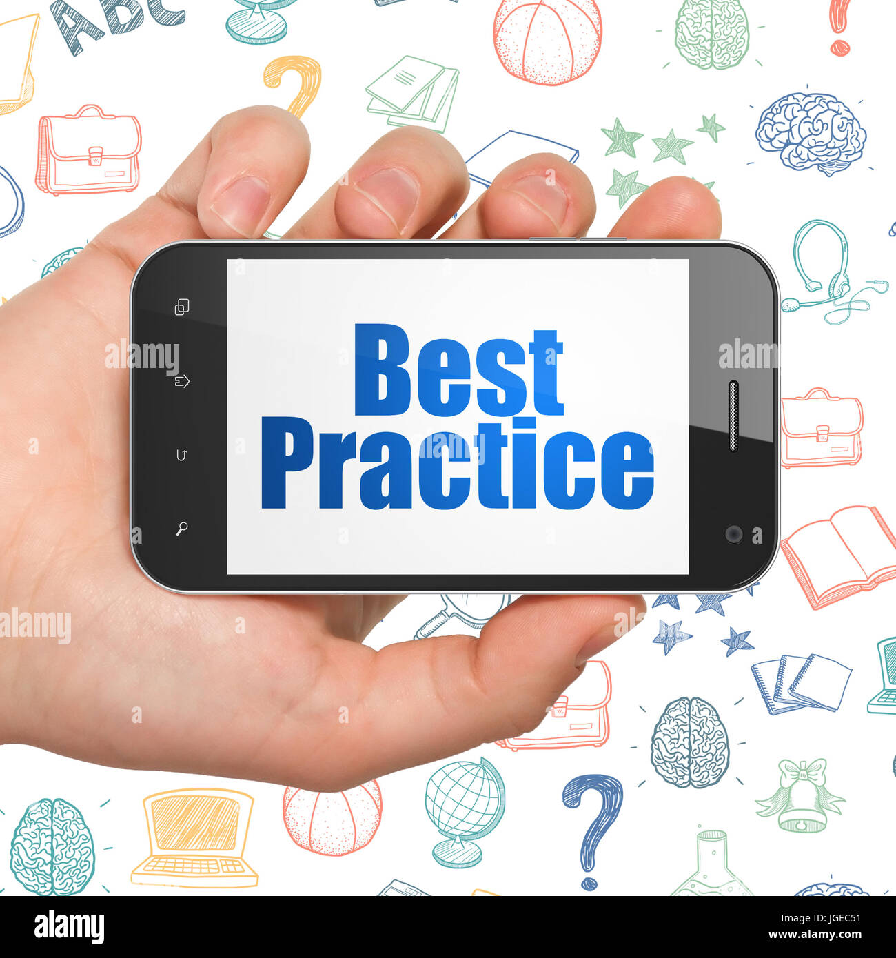 Education concept: Hand Holding Smartphone with Best Practice on ...