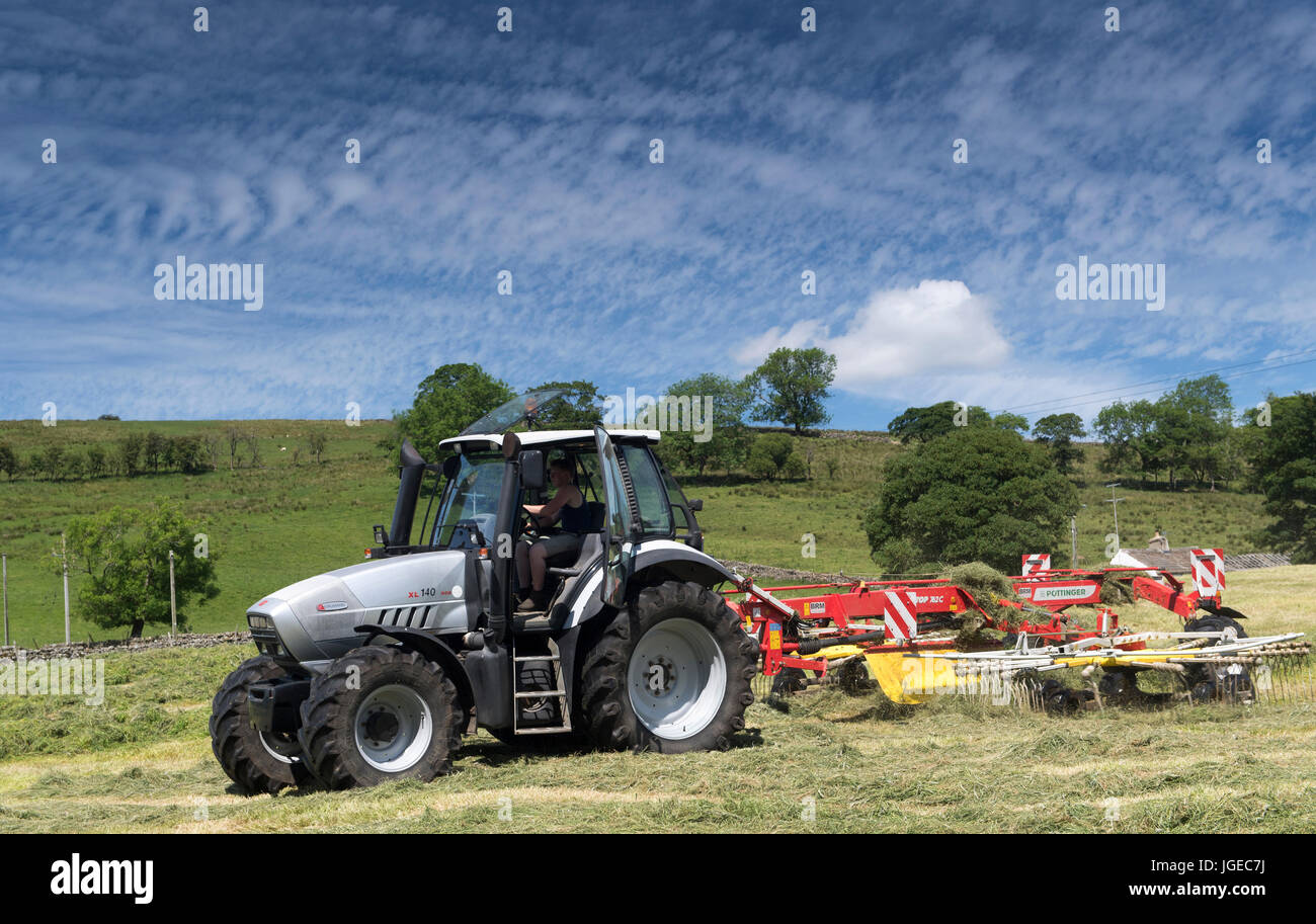 Rowing up grass for silage using a Pottinger rake pulled by a Hurlimann ...