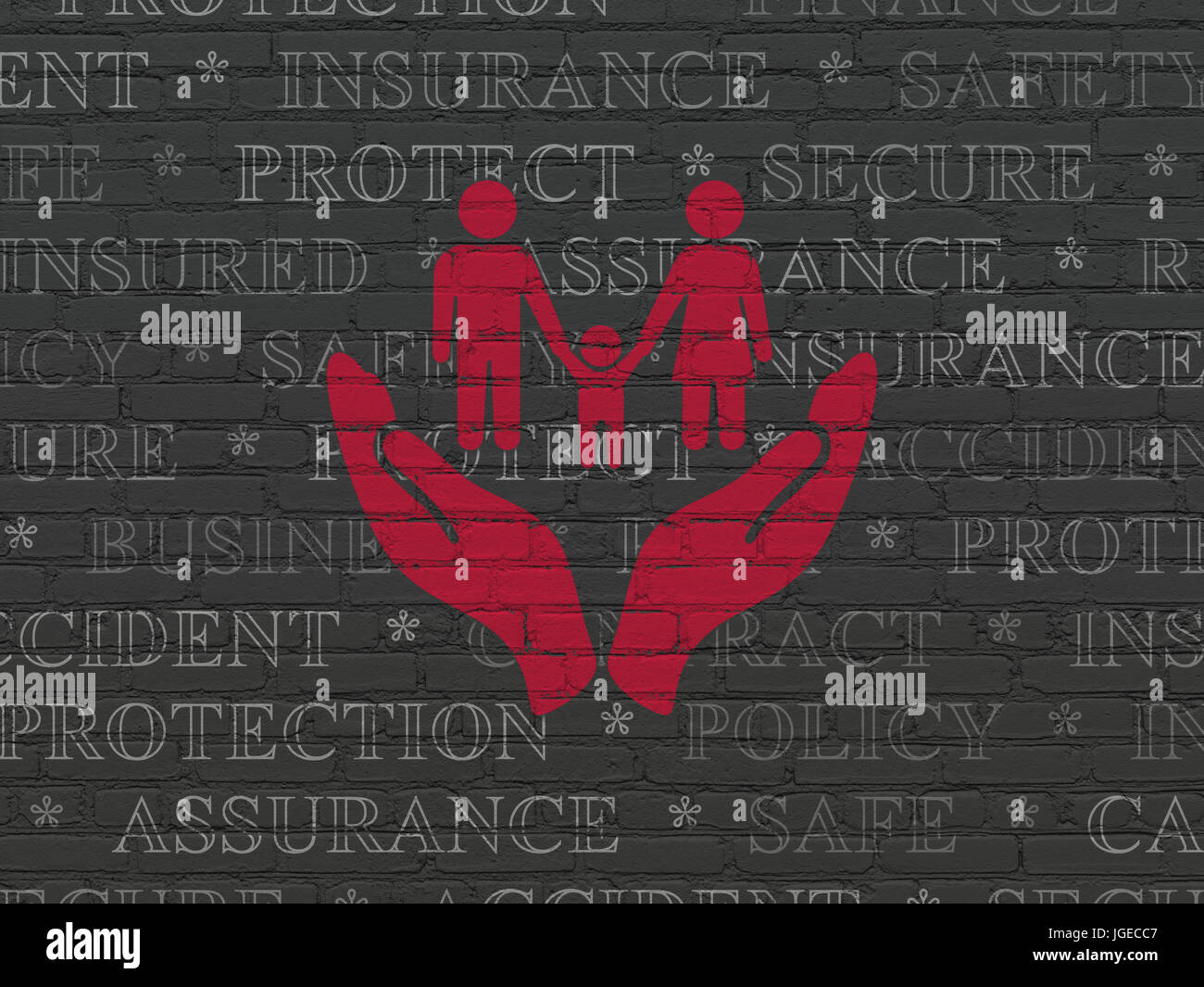 Insurance concept: Family And Palm on wall background Stock Photo - Alamy