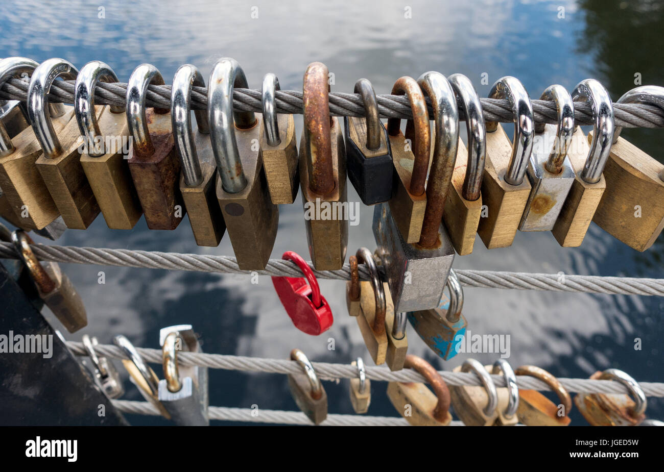 Padlocks on the side of a bridge, safety wires Stock Photo - Alamy