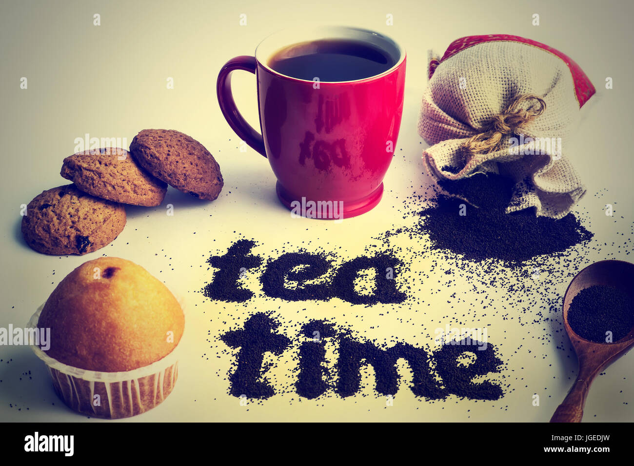 Tea time concept. Cup of tea made of tea leaves with an inscription Tea ...