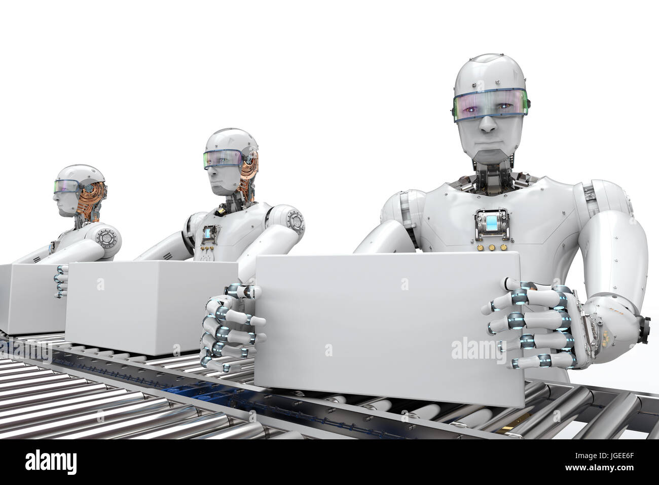 3d rendering robot working with white boxes on conveyor belt Stock ...