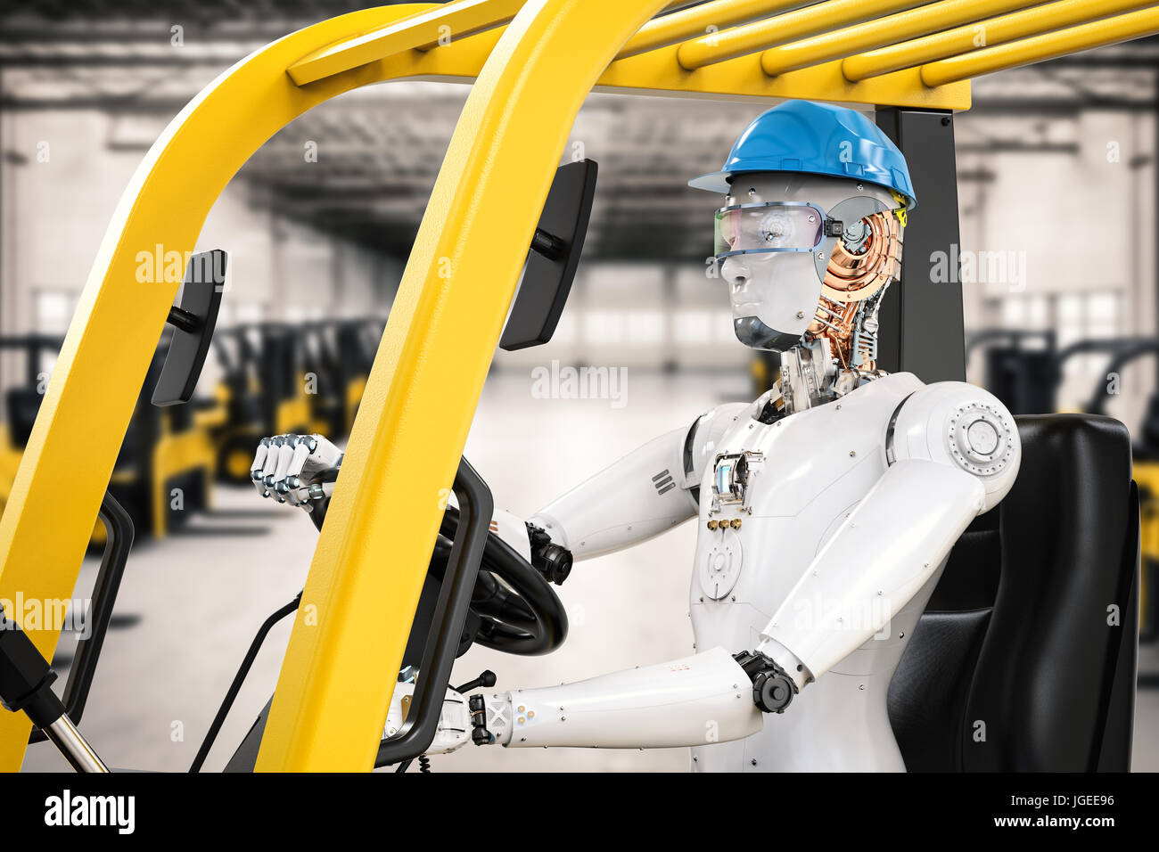 3d rendering android robot control forklift truck Stock Photo - Alamy