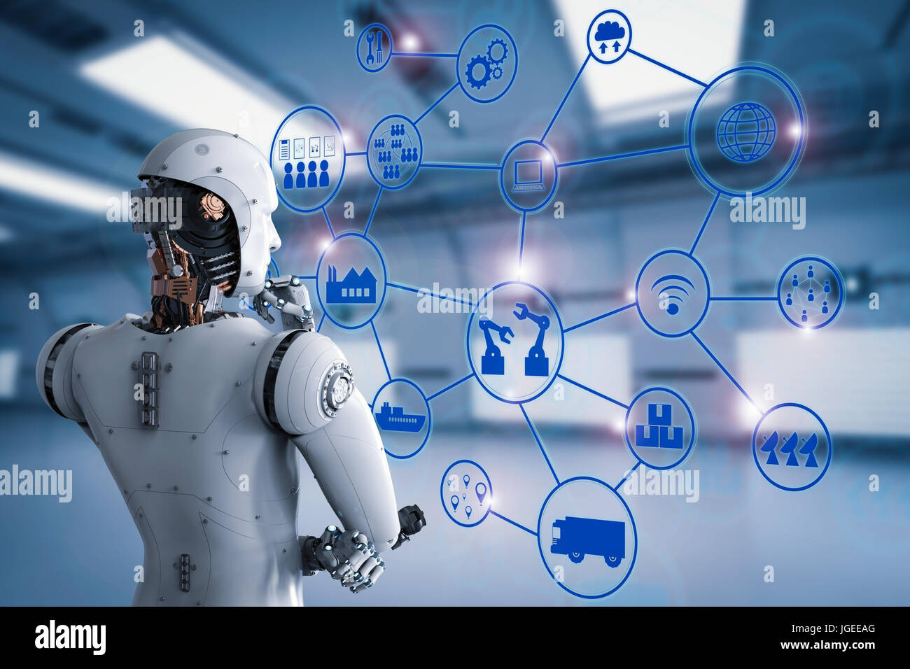 3d rendering rear view of android robot with industrial network Stock ...
