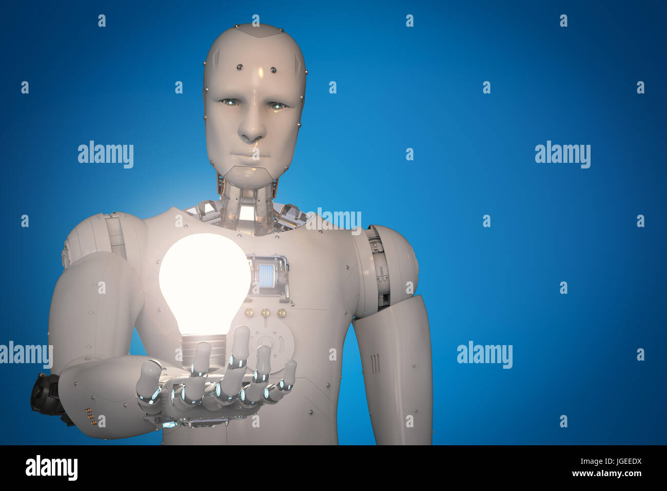 3d rendering android robot holding light bulb Stock Photo - Alamy