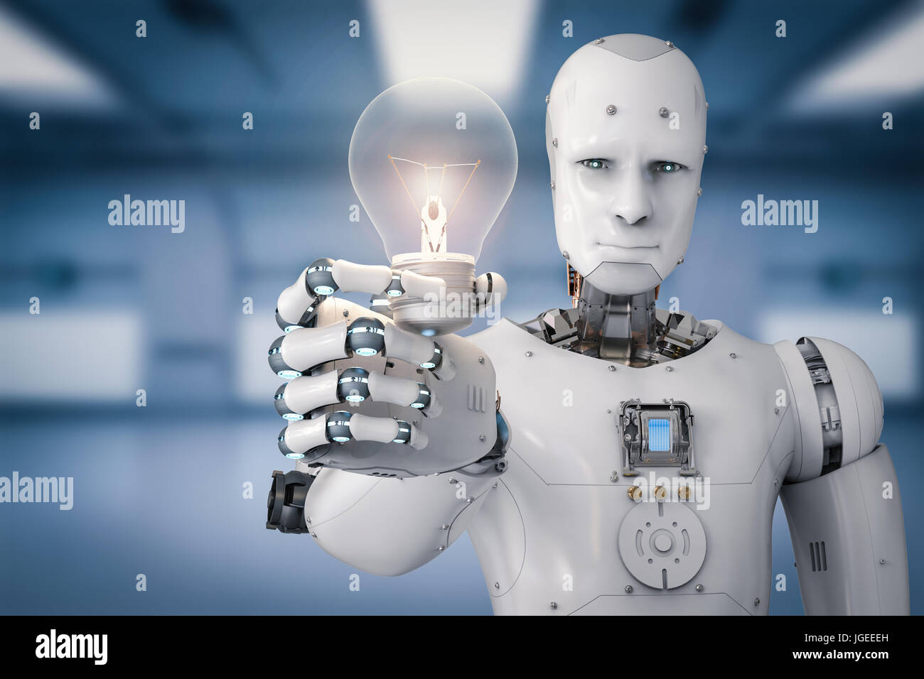 3d rendering android robot holding light bulb Stock Photo - Alamy
