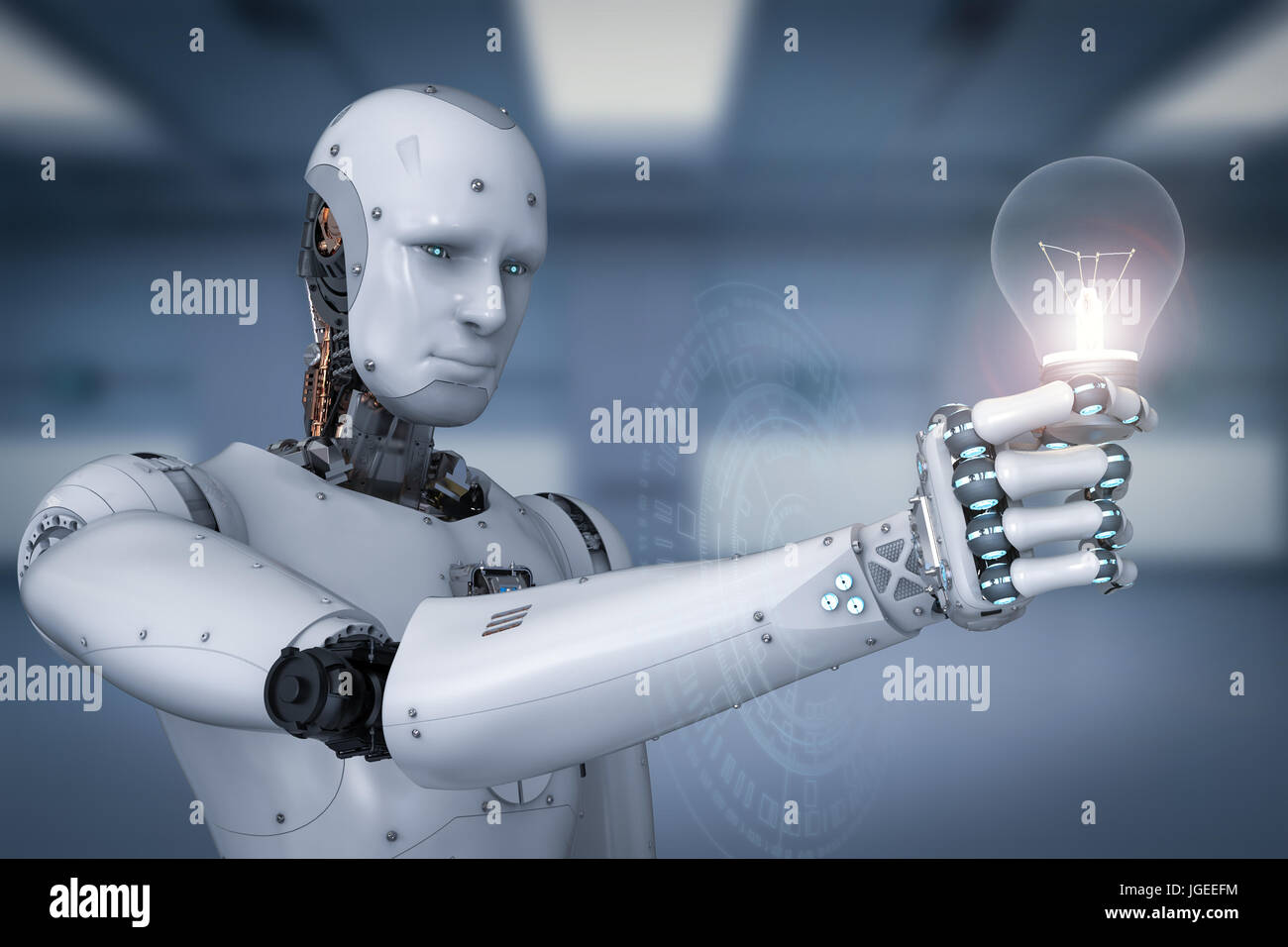 3d rendering android robot holding light bulb Stock Photo - Alamy