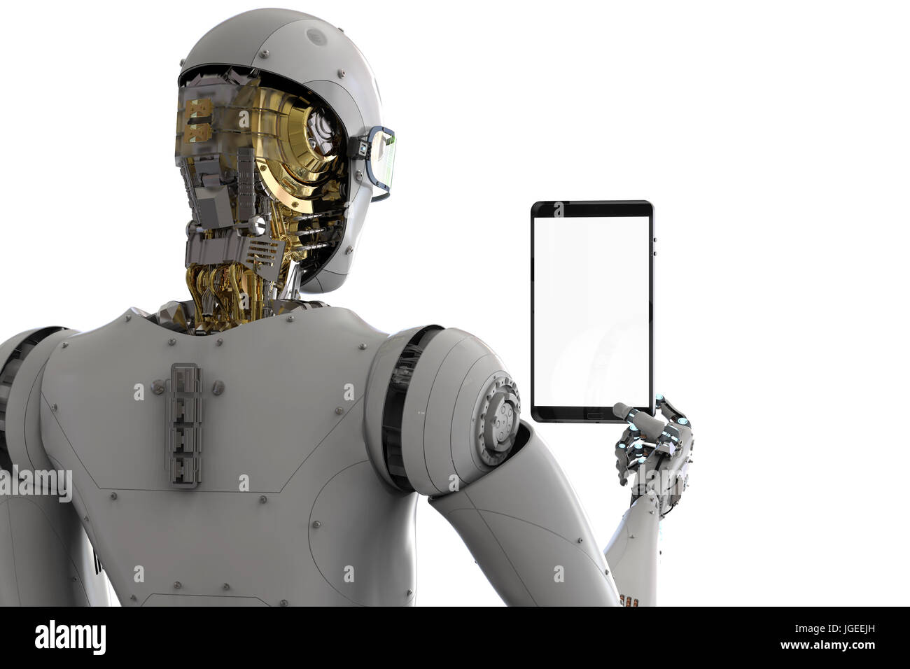 3d rendering rear view of robot holding tablet Stock Photo - Alamy