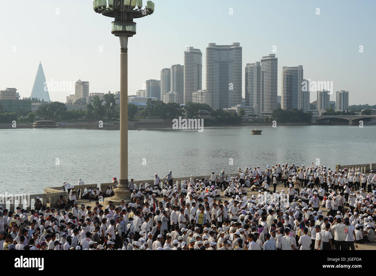 08.08.2012, Pyongyang, North Korea, Asia - A crowd of students is seen ...