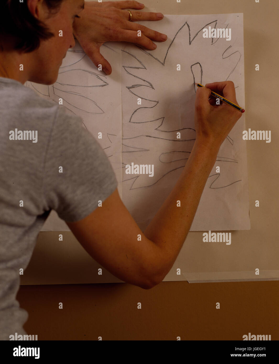 Woman tracing design for wallpaper frieze Stock Photo - Alamy