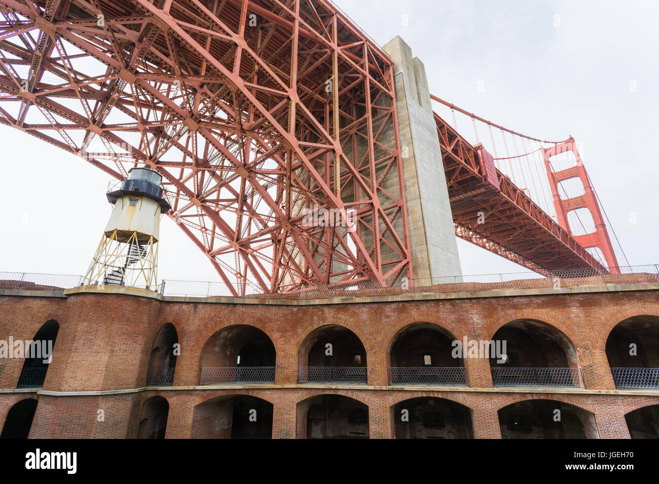 Old Civil War era seacoast fort under the Golden Gate Bridge in San ...