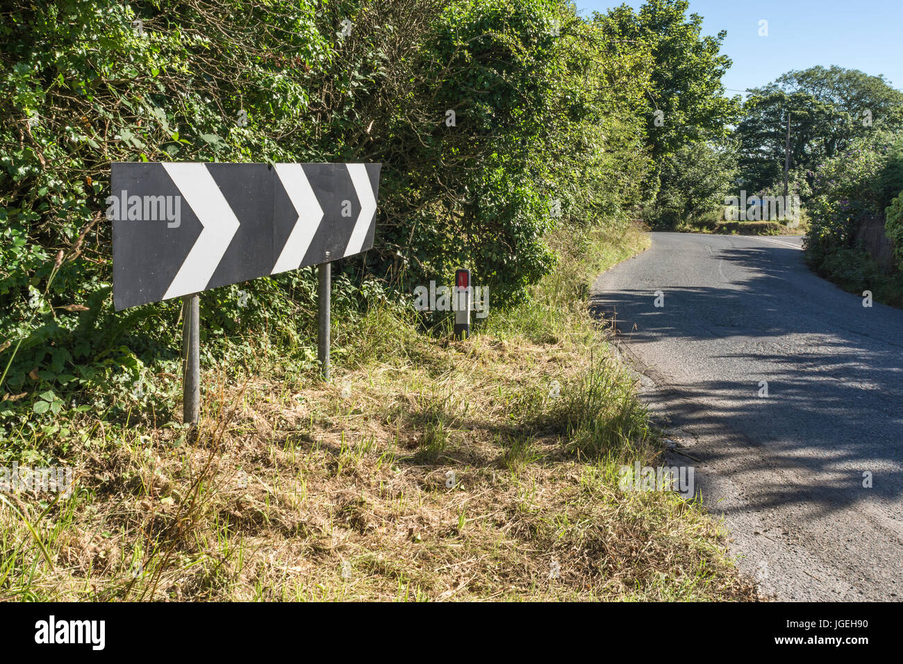 Rural road sign warning of sharp deviation in road ahead (UK, Cornwall ...