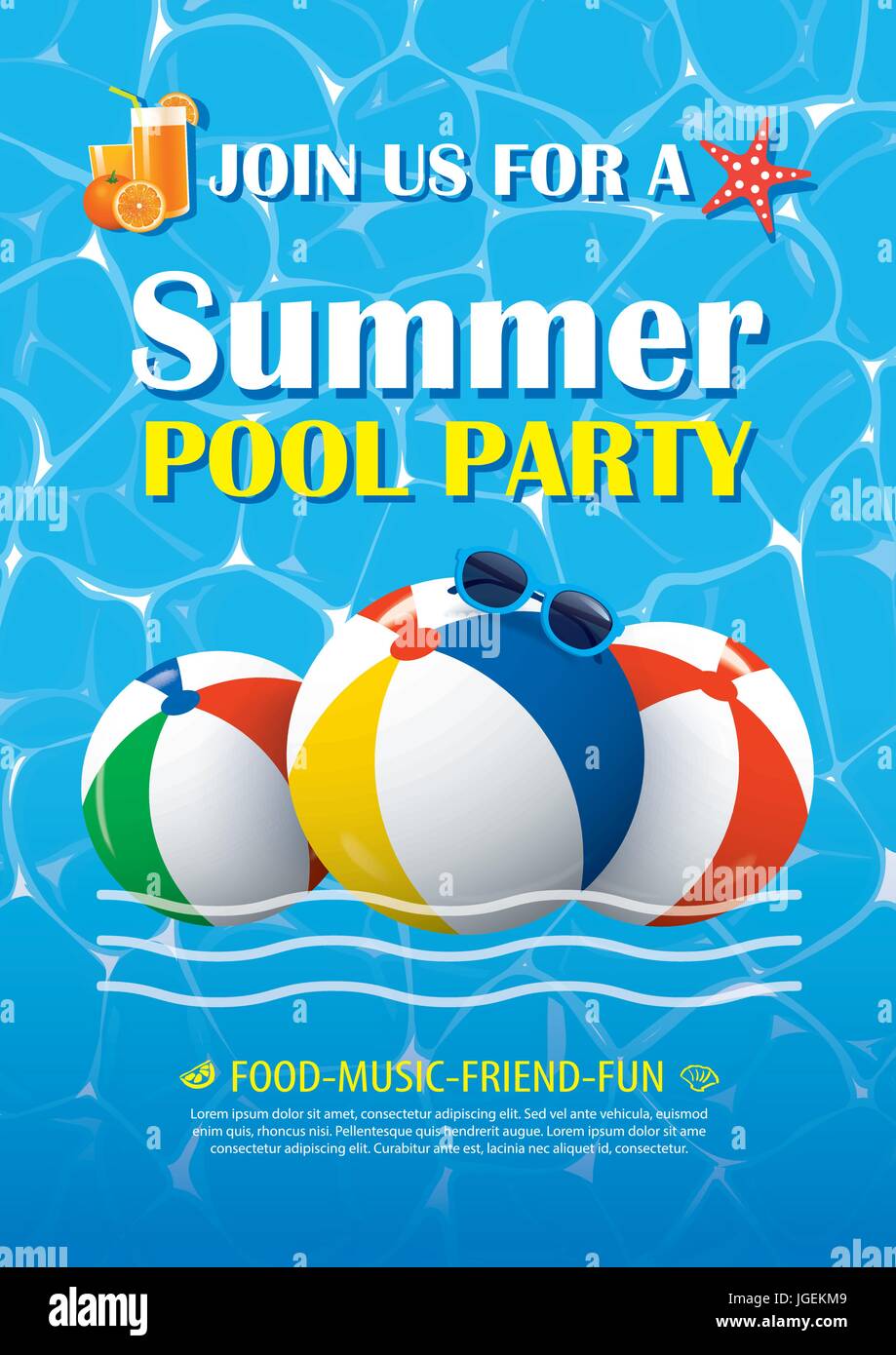 Pool party invitation poster with blue water. Vector summer background ...