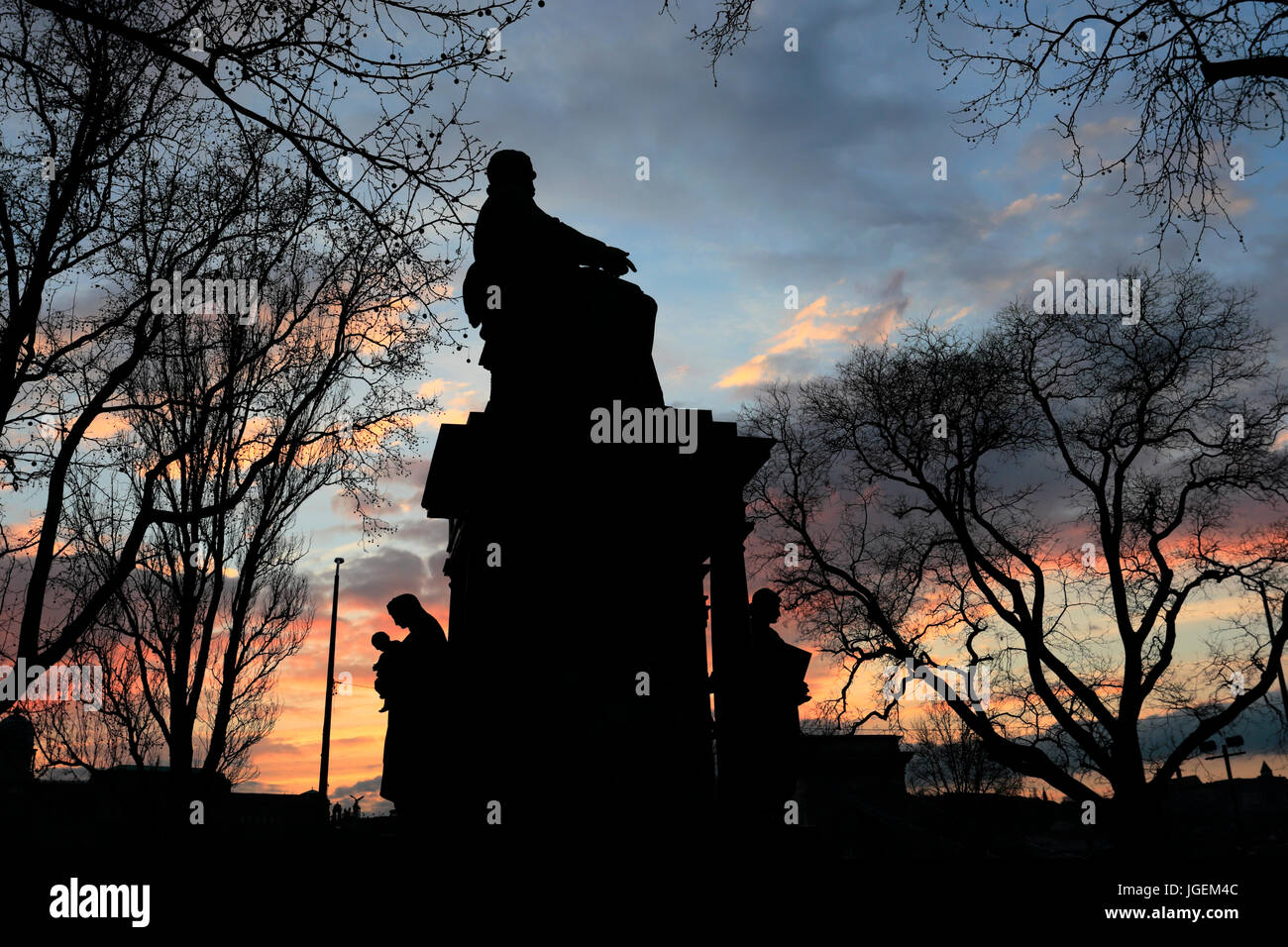 Sunset, Bronze statue of Ferenc Deak de Kehida, Hungarian statesman and ...