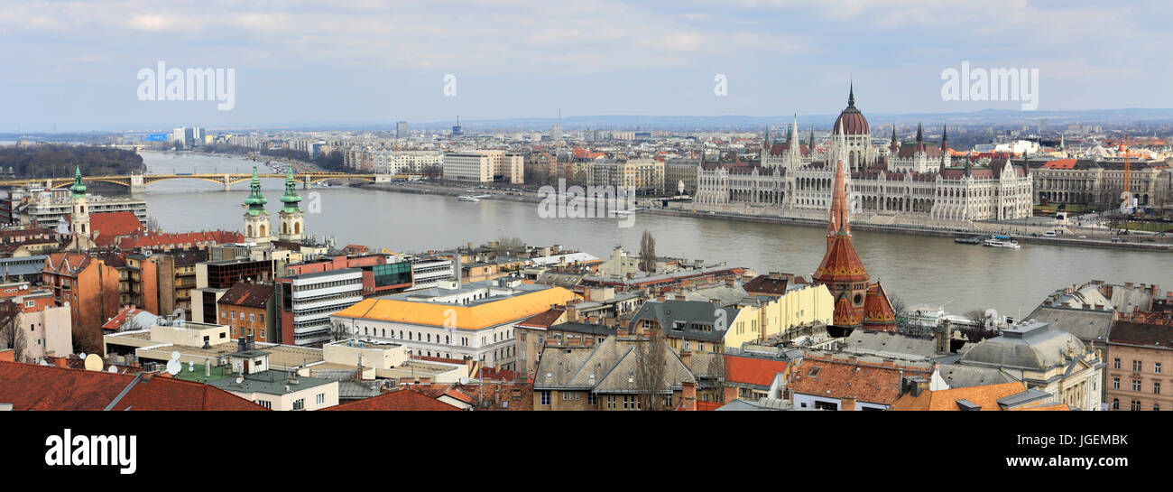 Panoramic view of buildings on the river Danube, Budapest city, Hungary ...