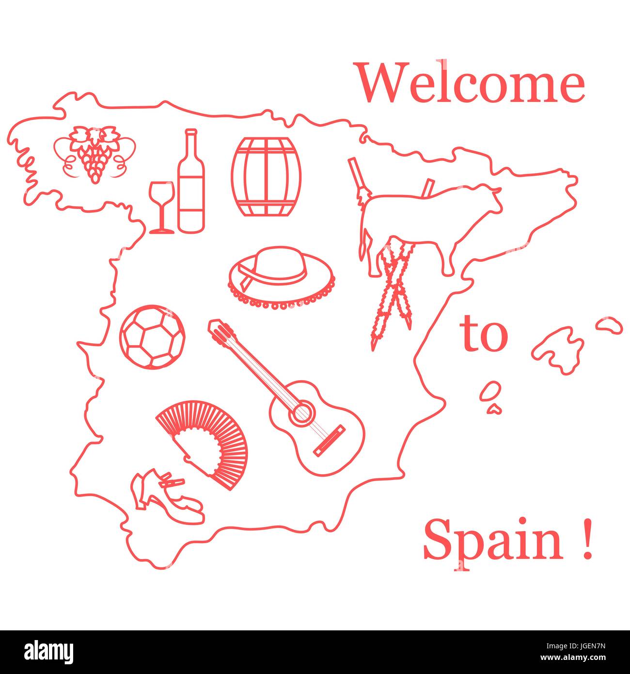 Vector illustration with various symbols of Spain. Travel and leisure ...