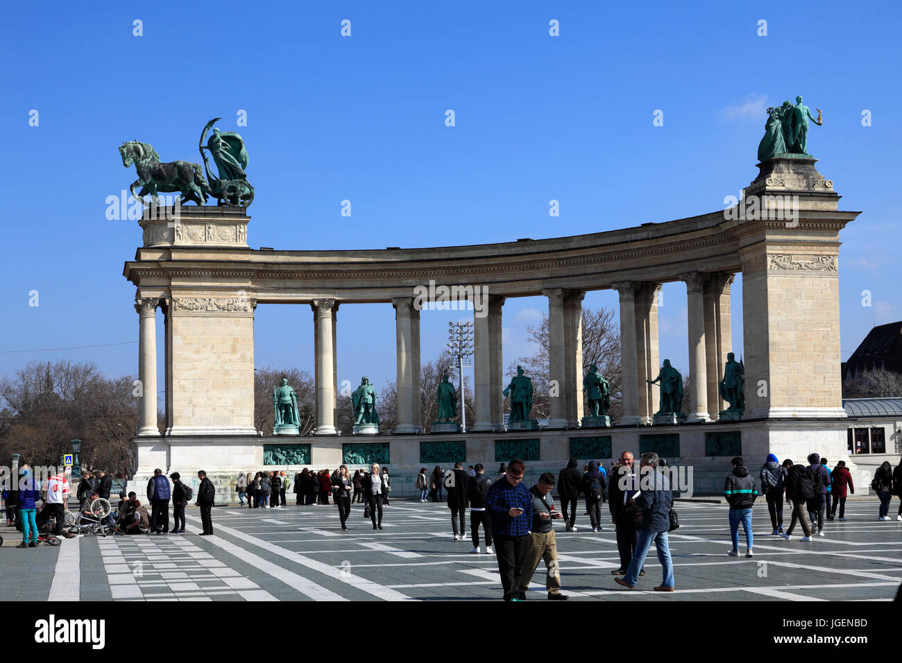 Bronze statues at Heroes Square, next to the City Park, Budapest city ...