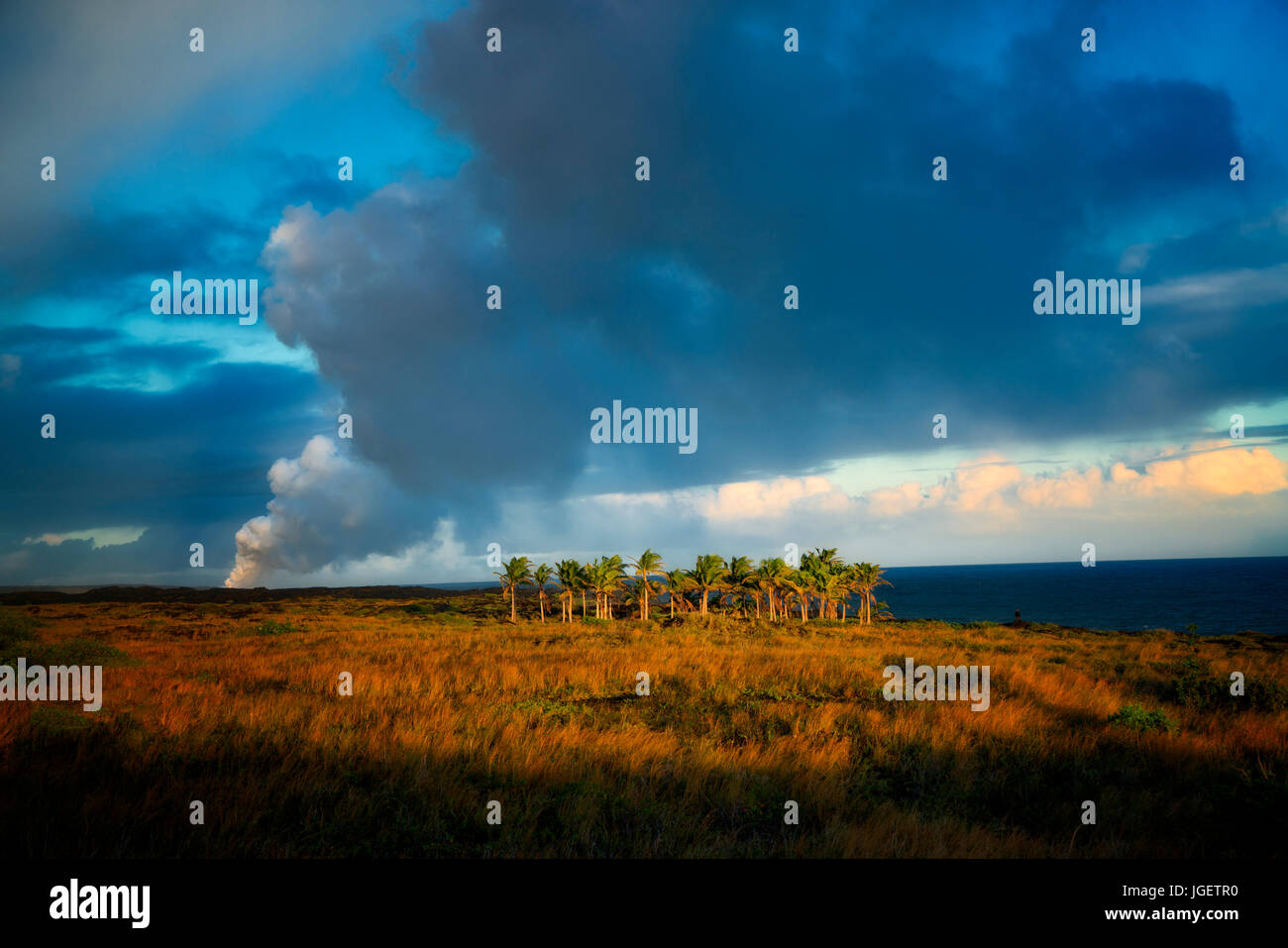 Steam from lava reaching ocean from volcano on Hawaii Volcanoes ...
