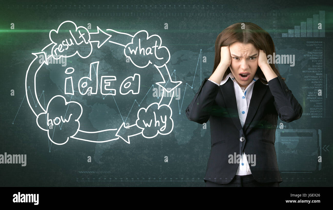 Creative ideas concept, sad businesswoman thinking under stress on ...