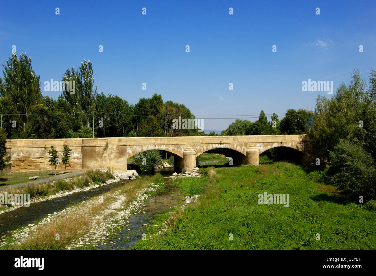 Oja river and medieval bridge of Casalareina, La Rioja, Spain Stock ...