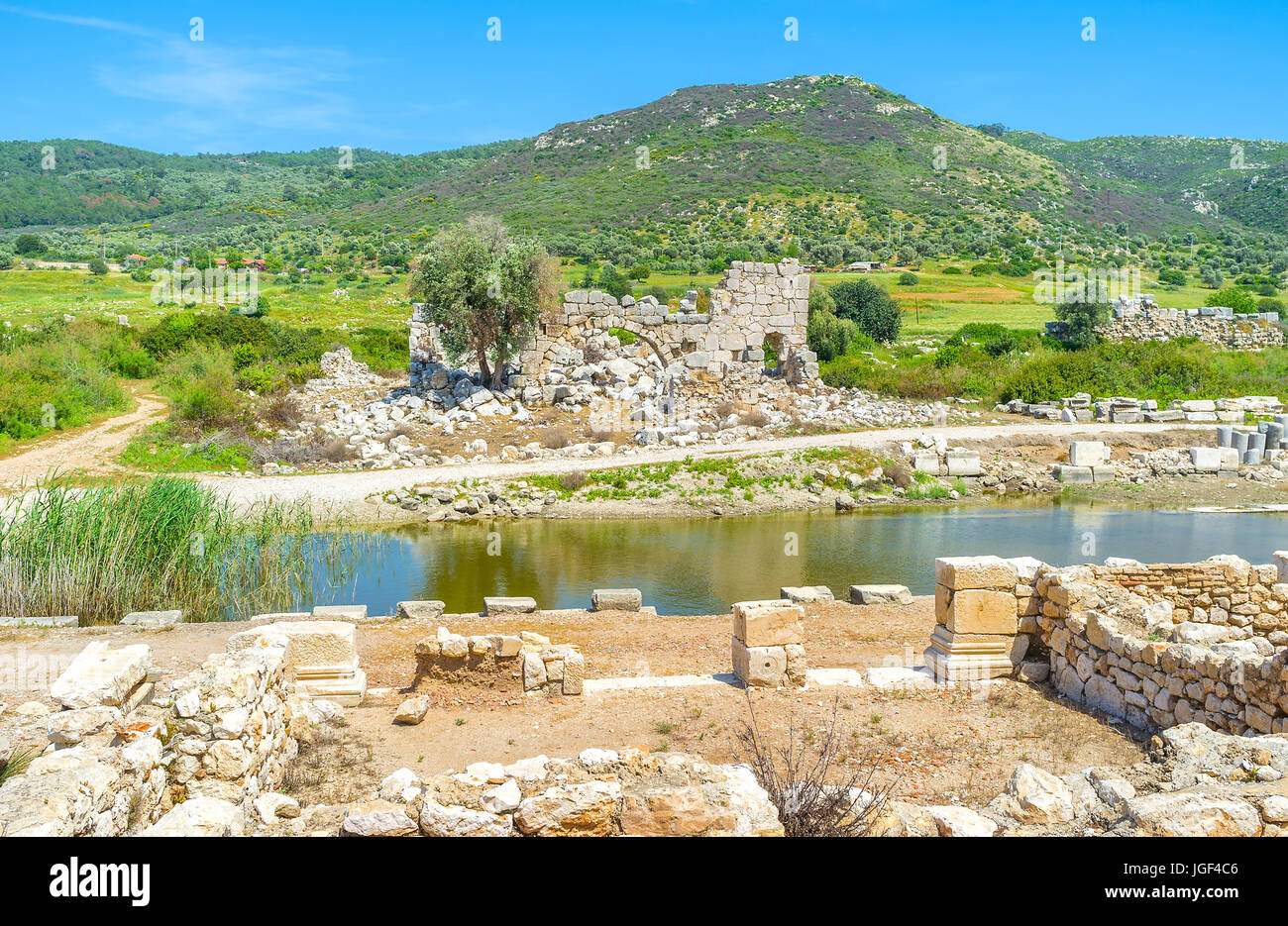 The view on swamped ancient port with the harbor baths on the ...