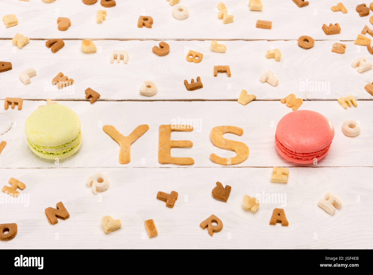 Close-up view of word yes from breakfast cereal letters and alphabet ...