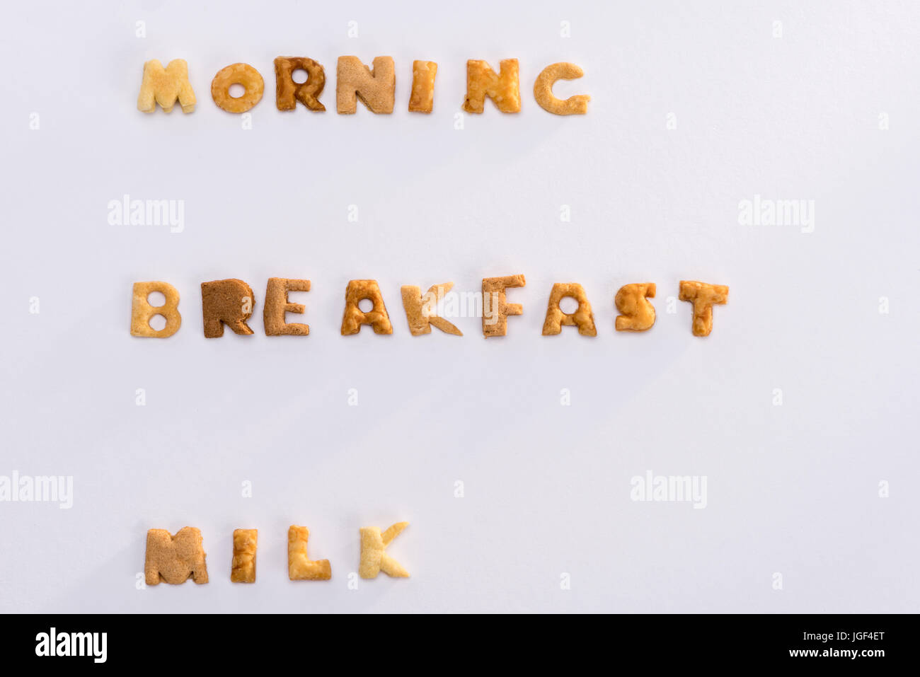 Top view of words morning, breakfast, milk from alphabet corn flakes ...