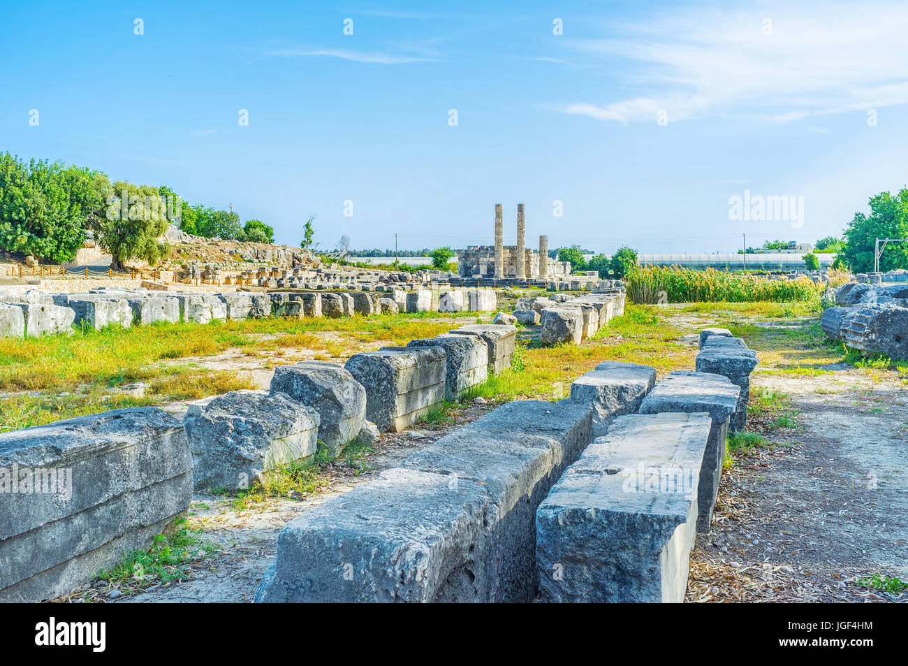The ruins of ancient city Letoon with columns of Temple of Leto on the ...