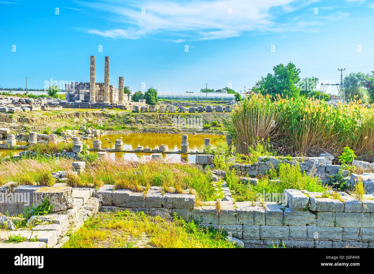 Ancient temples of Letoon mowadays lies in ruins, flooded and overgrown ...