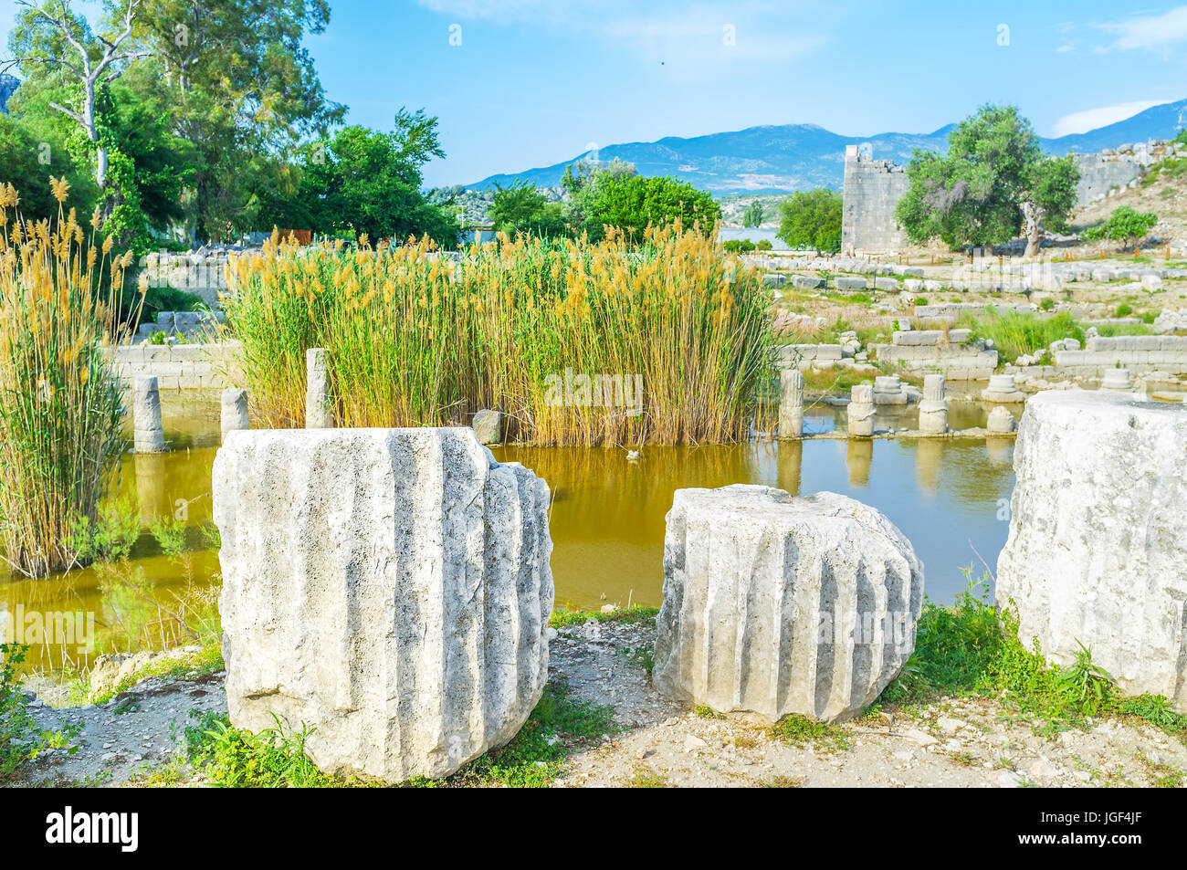 The ruins of ancient temples of Letoon nowasays flooded and overgrown ...