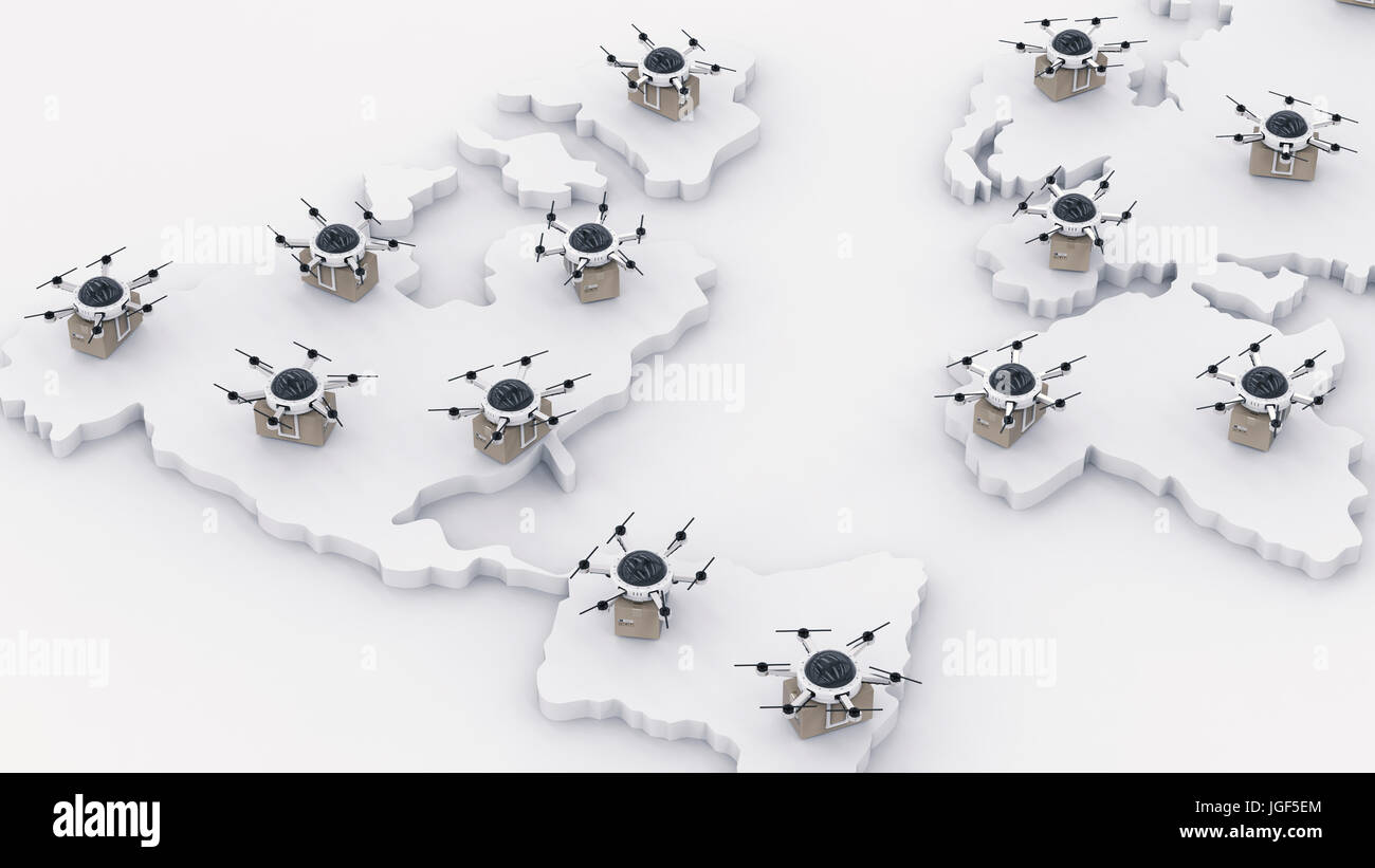3d rendering delivery drones on world map Stock Photo - Alamy