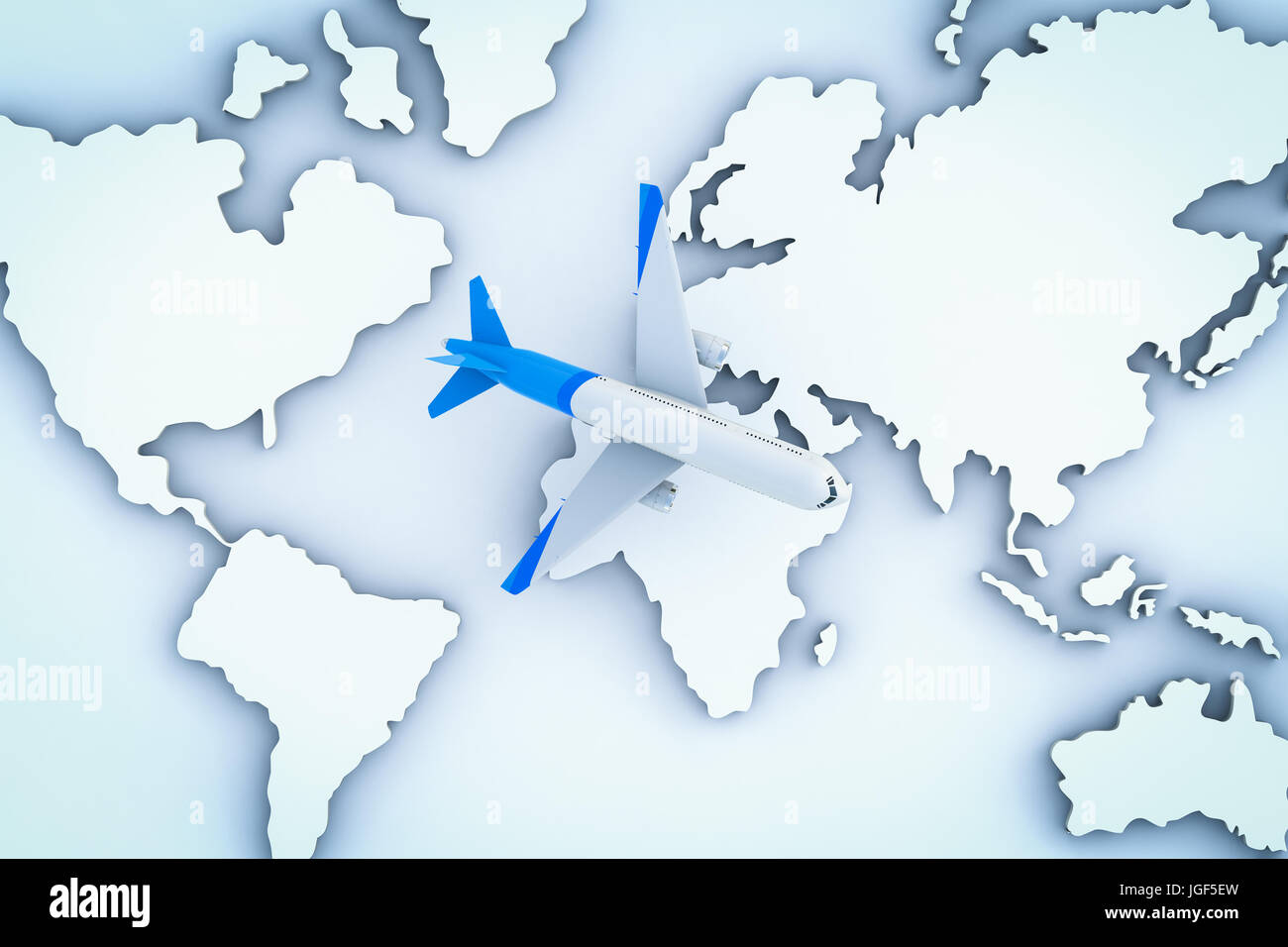 3d rendering airplane flying above world map top view Stock Photo - Alamy